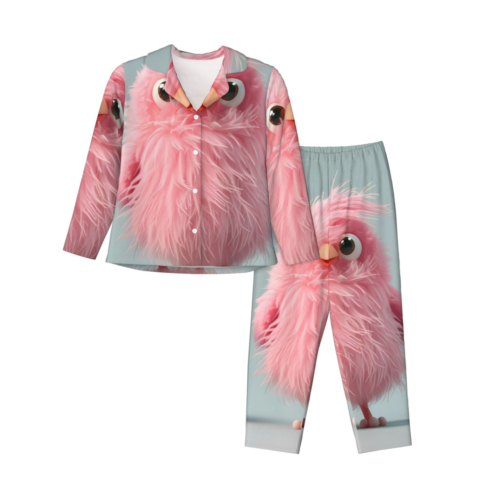 Salouo Adorable Pink Fluffy Birds Pattern Women's Pajamas Set Long ...