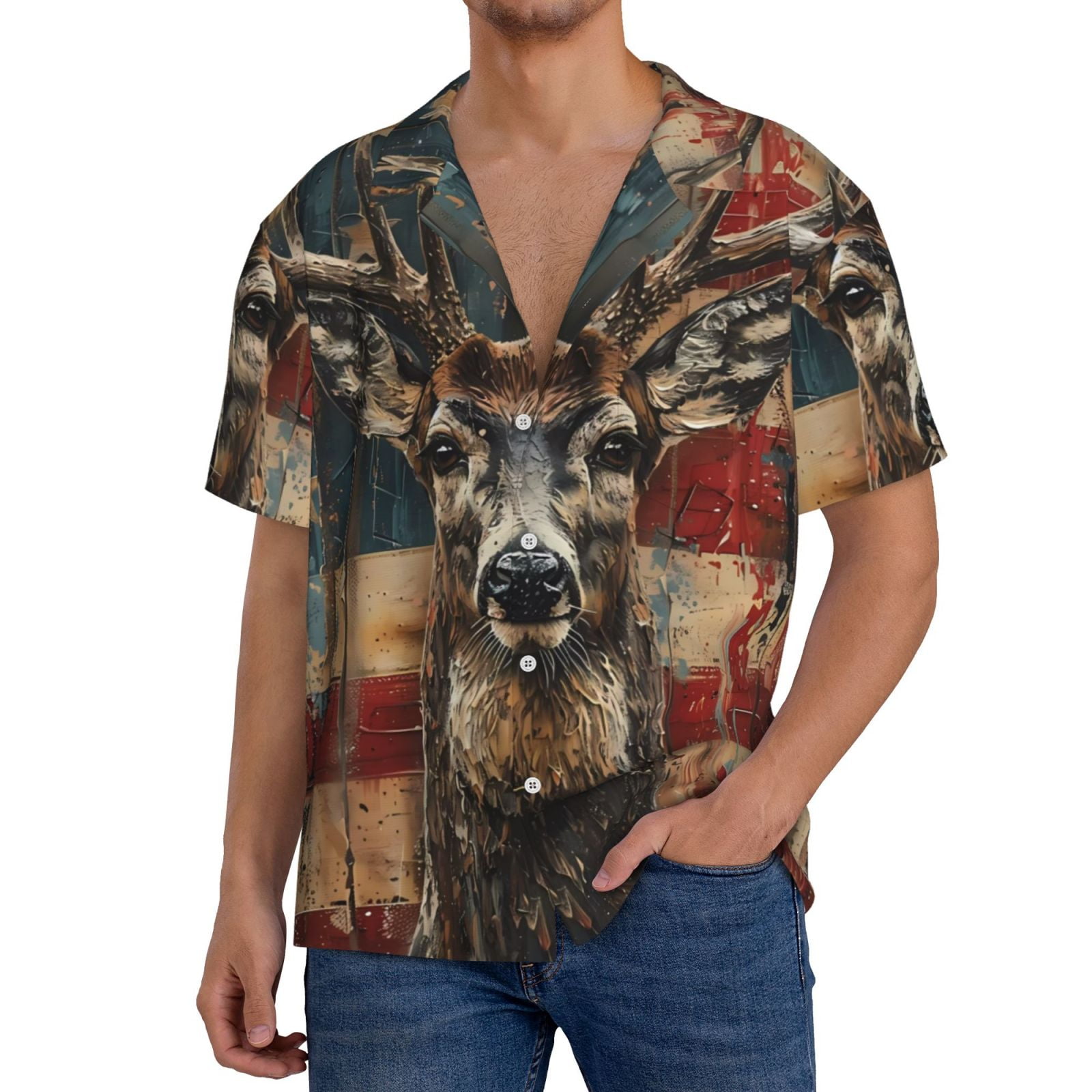 Salouo American Flag Deer Art Pattern Cuban Collar Shirts for Men ...