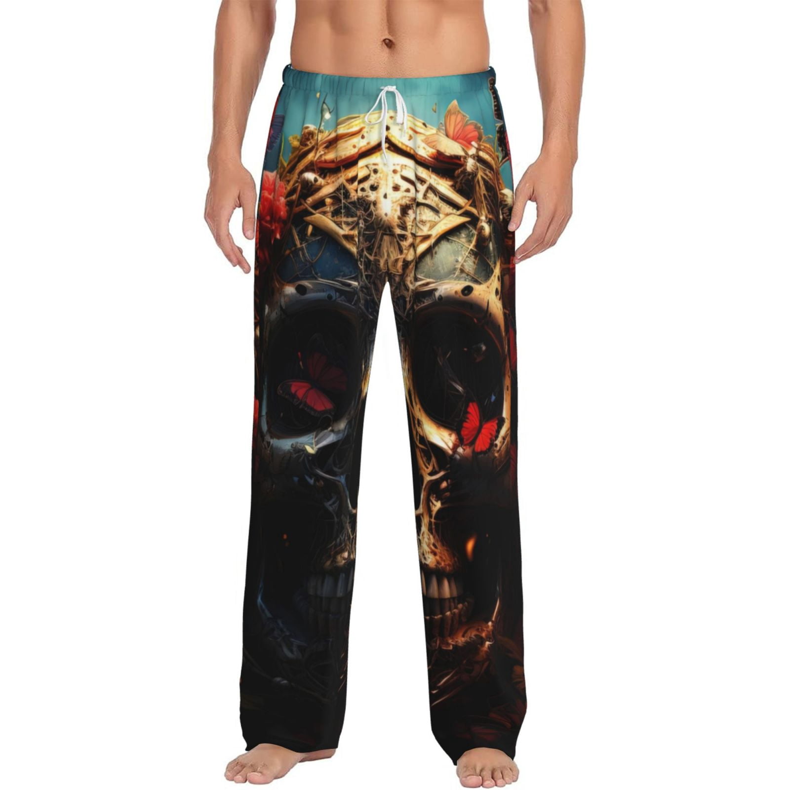 Salouo Artistic Flower Butterfly Skull Print Pajama Pants for Men ...