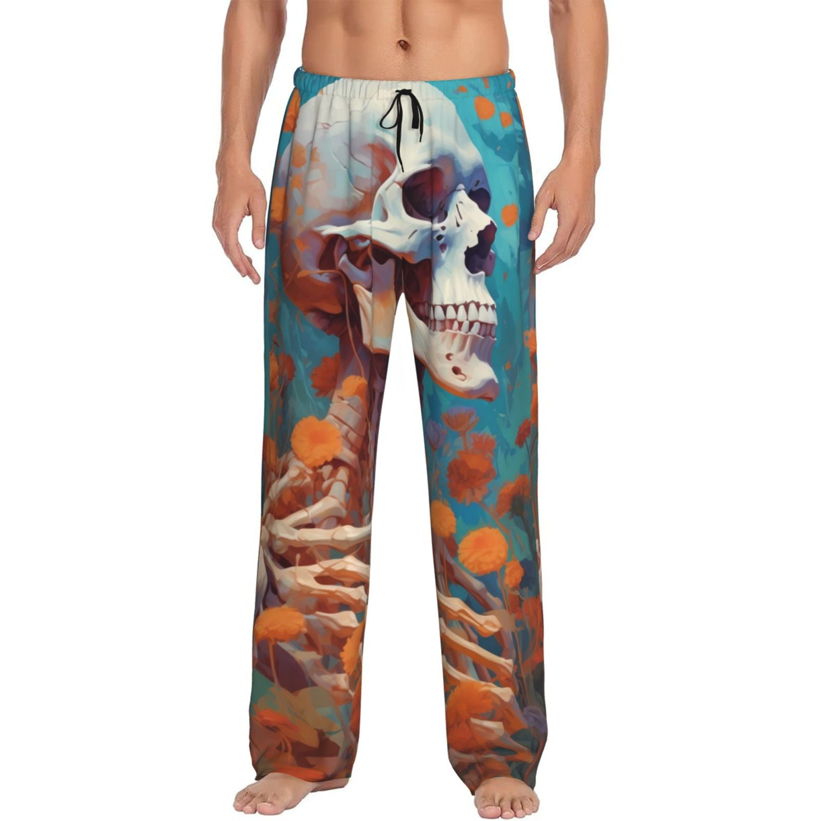 Salouo Artistic Orange Carnation Skull Print Pajama Pants for Men ...