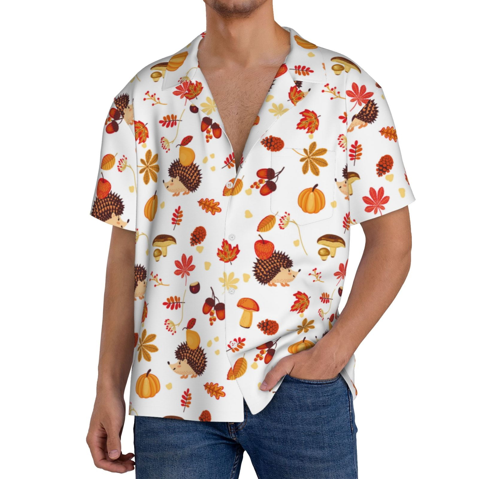 Salouo Autumn Maple Leaf with Hedgehog Pattern Cuban Collar Shirts for ...