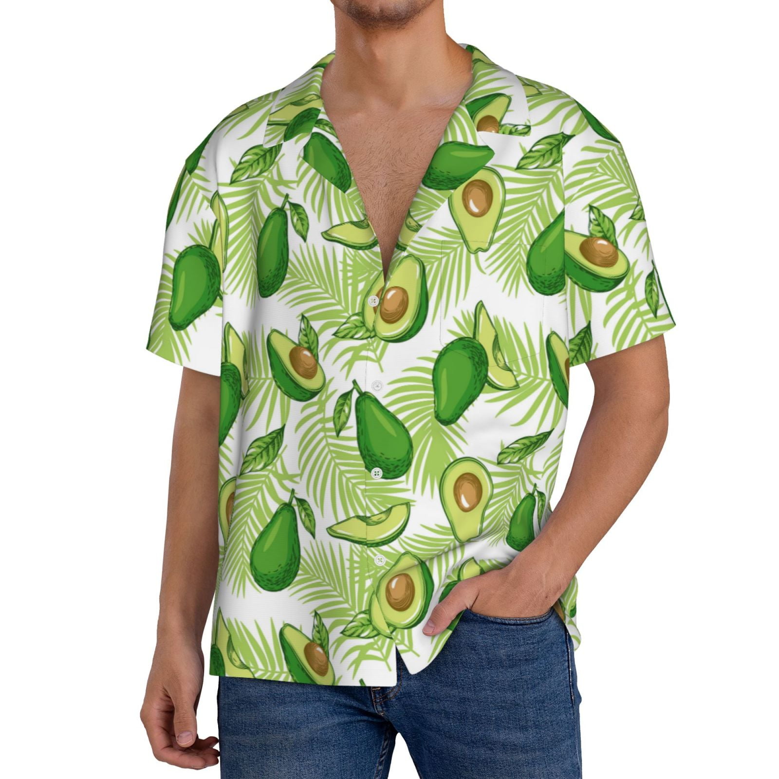 Salouo Avocado And Tropical Palm Leaves Pattern Cuban Collar Shirts for Men Button-Down Shirt ...