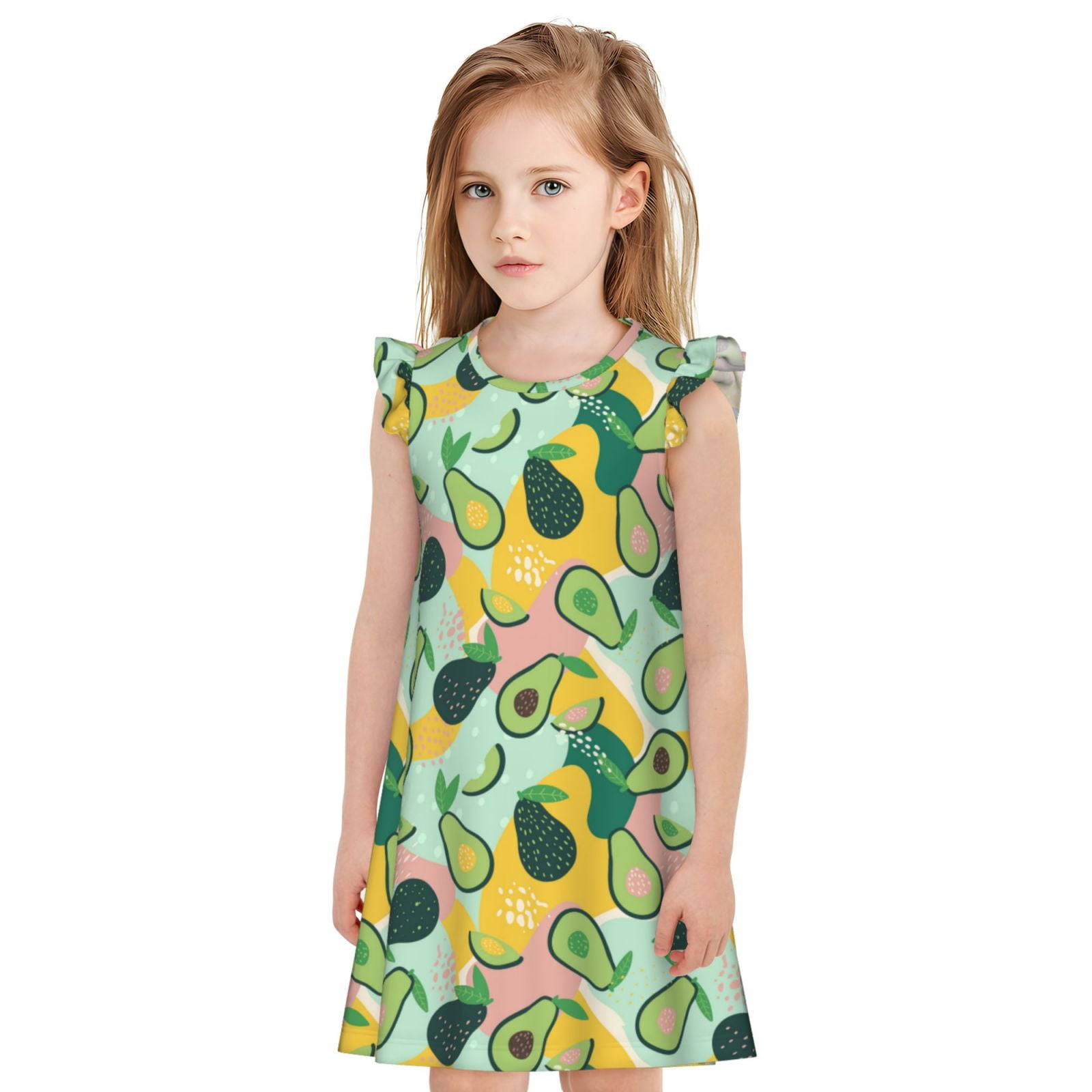 Salouo Avocado Print Nightgowns for Girls,Cute kid’s Pajamas Flutter Short Sleeves Nightie Dress ...