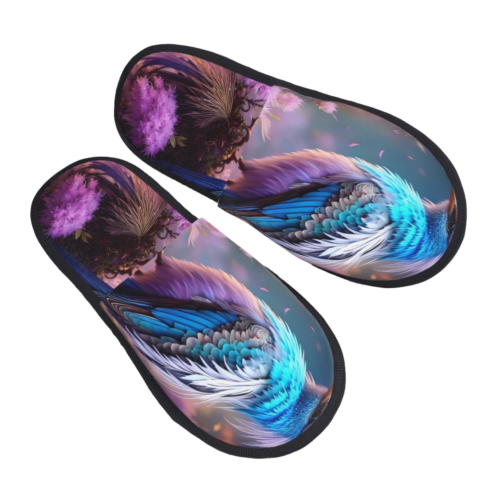 Salouo Beautiful Flower Blue Bird for Soft Indoor Slippers,Unisex Fuzzy ...