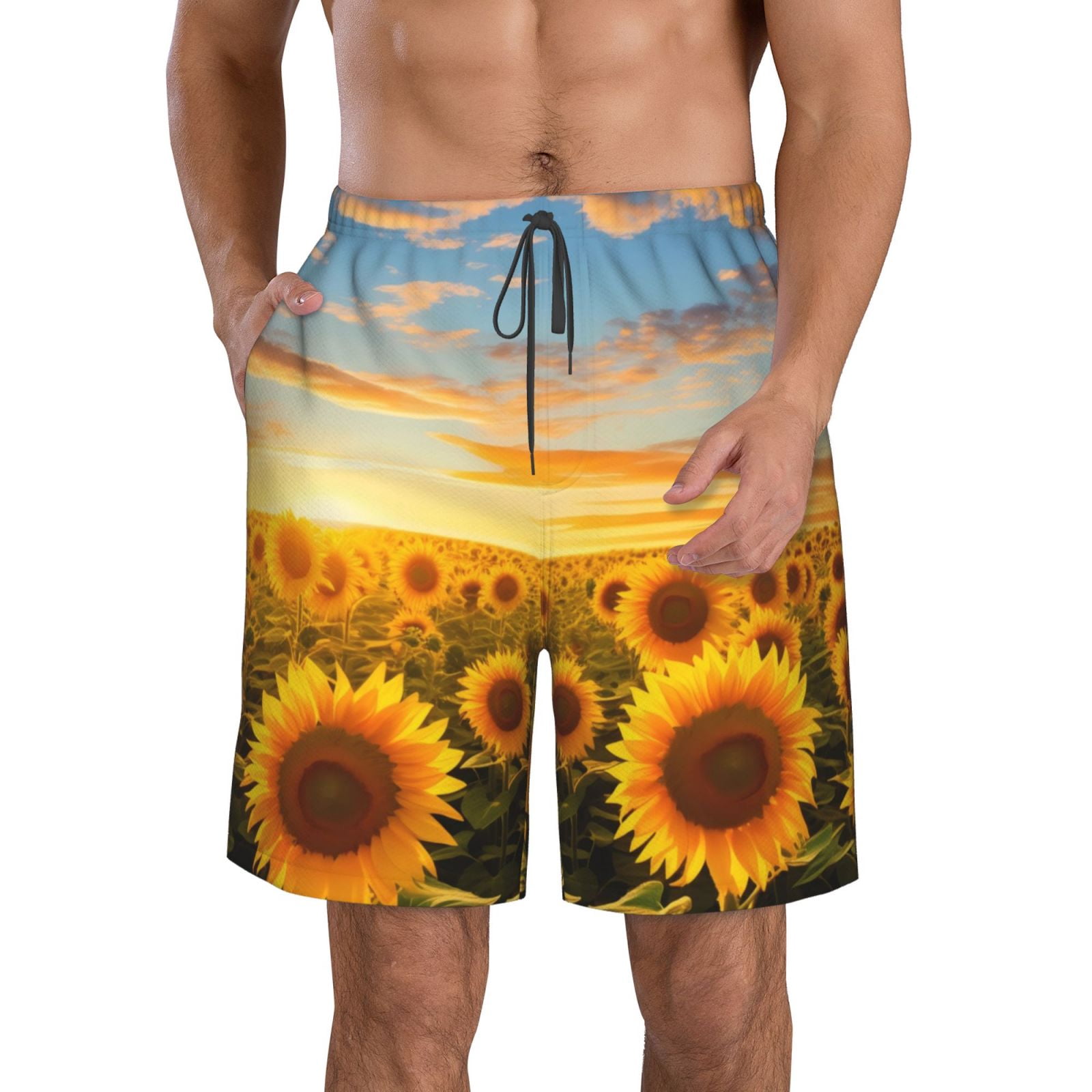 Salouo Beautiful Golden Sunflower Field Pattern Swim Trunks for Men,Men ...