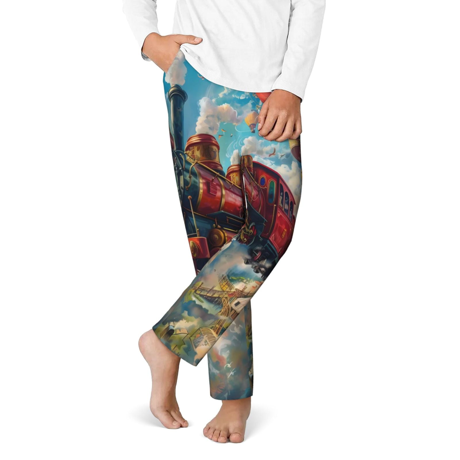 Salouo Beautiful Red Train Hot Air Balloon Pattern Boys Pajama Pants ...