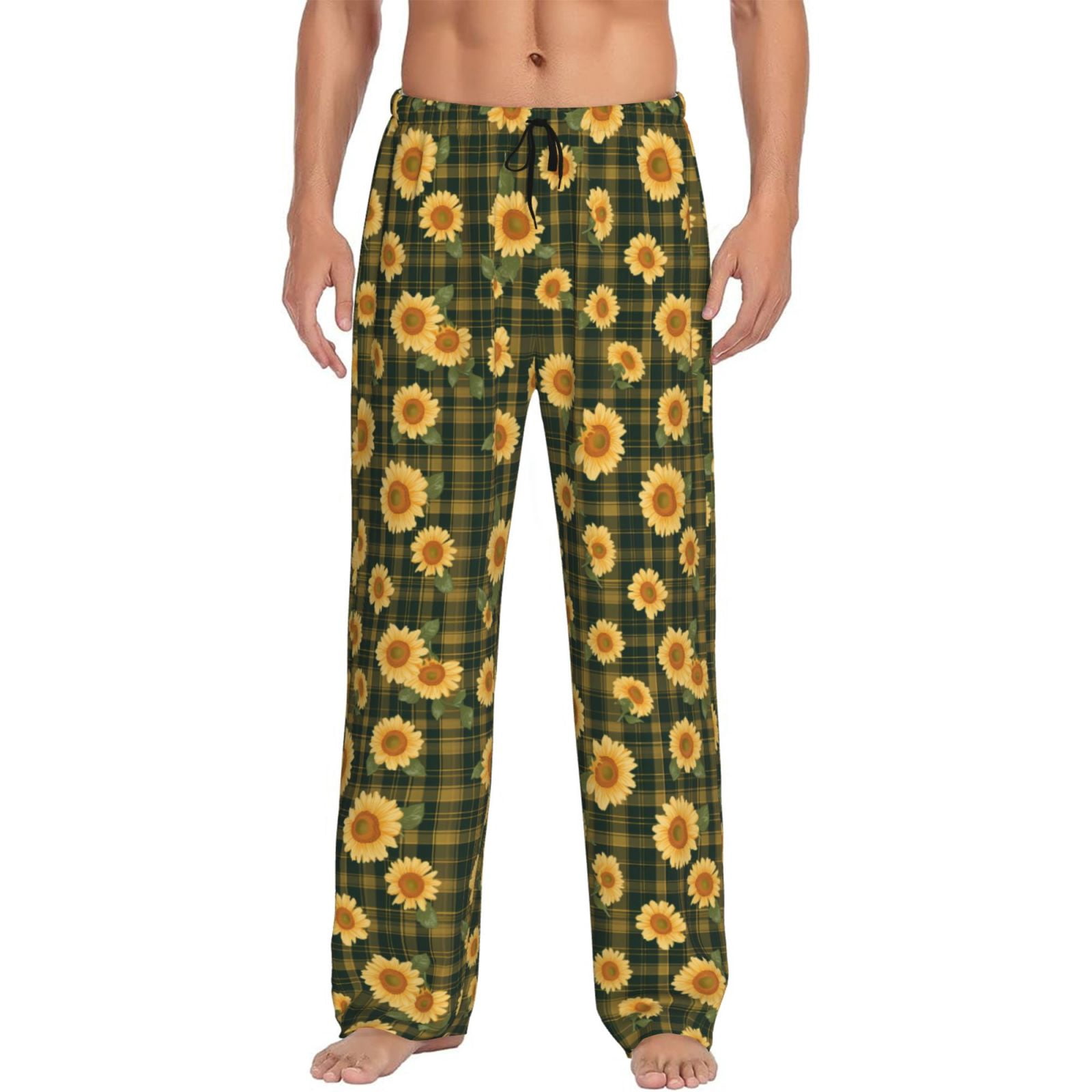 Salouo Black Ink Green Plaid Sunflower Print Pajama Pants for Men ...