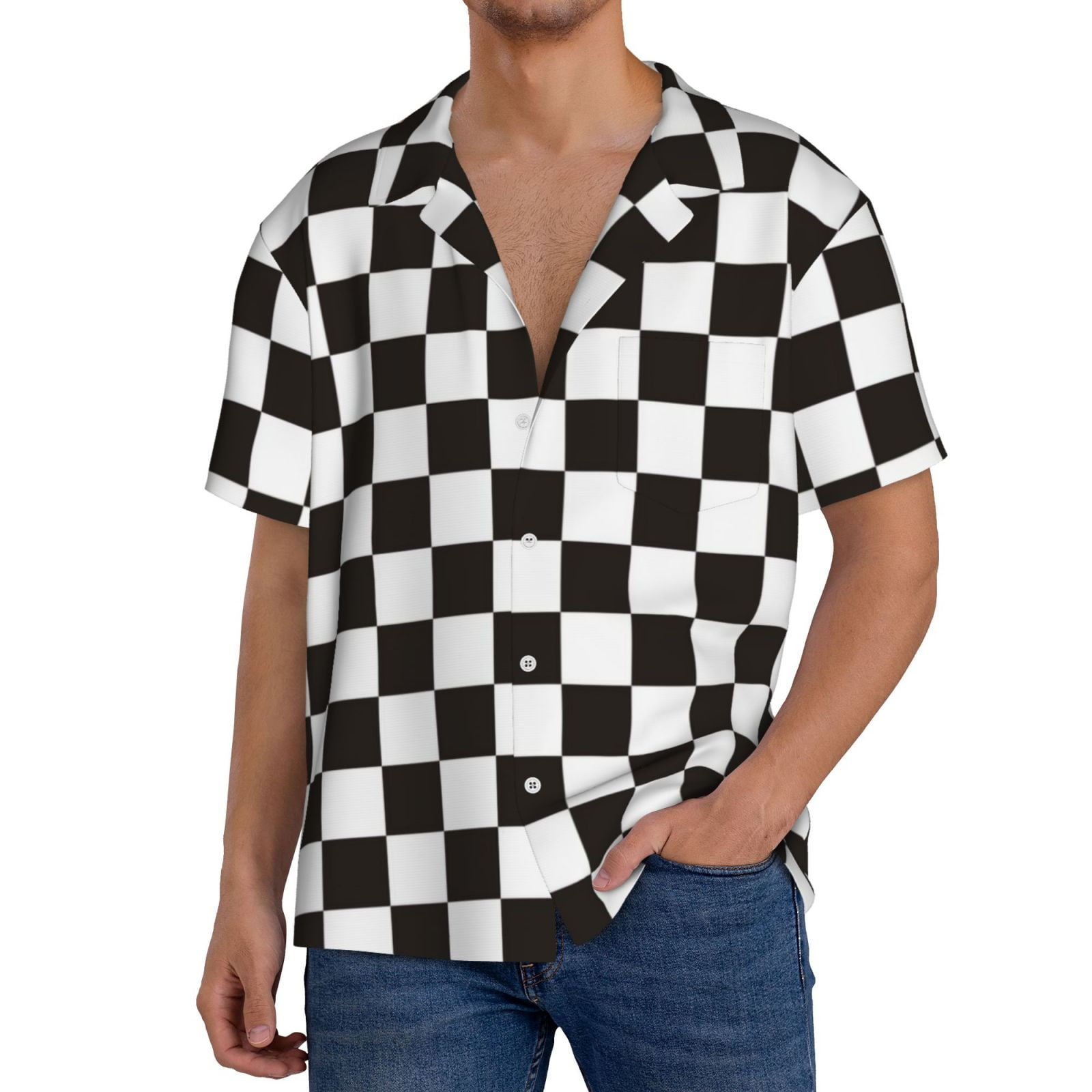Salouo Black and White Checkerboard Pattern Cuban Collar Shirts for Men ...
