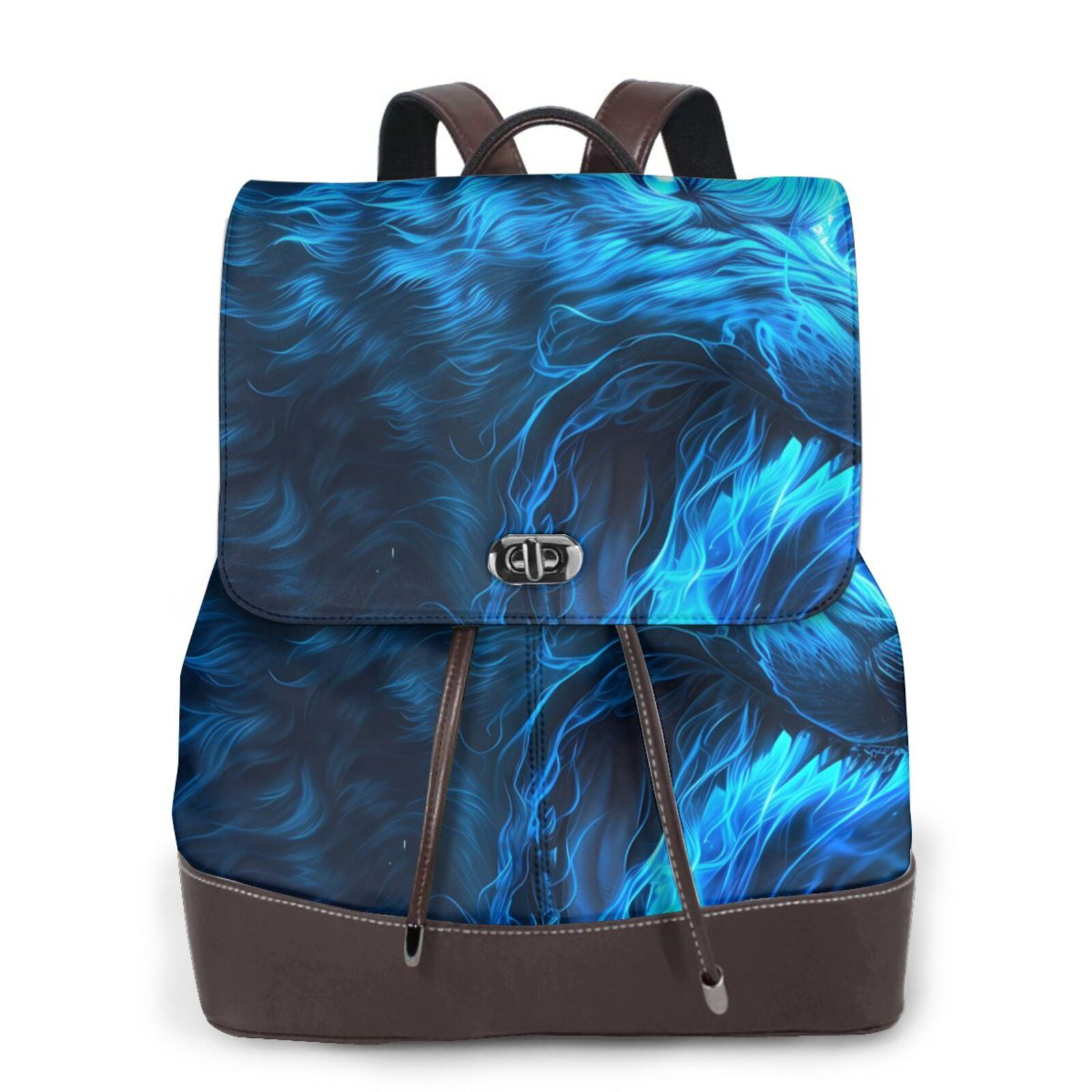 Salouo Blue Fire Wolf Pattern PU Leather Backpack,Purse for Women ...