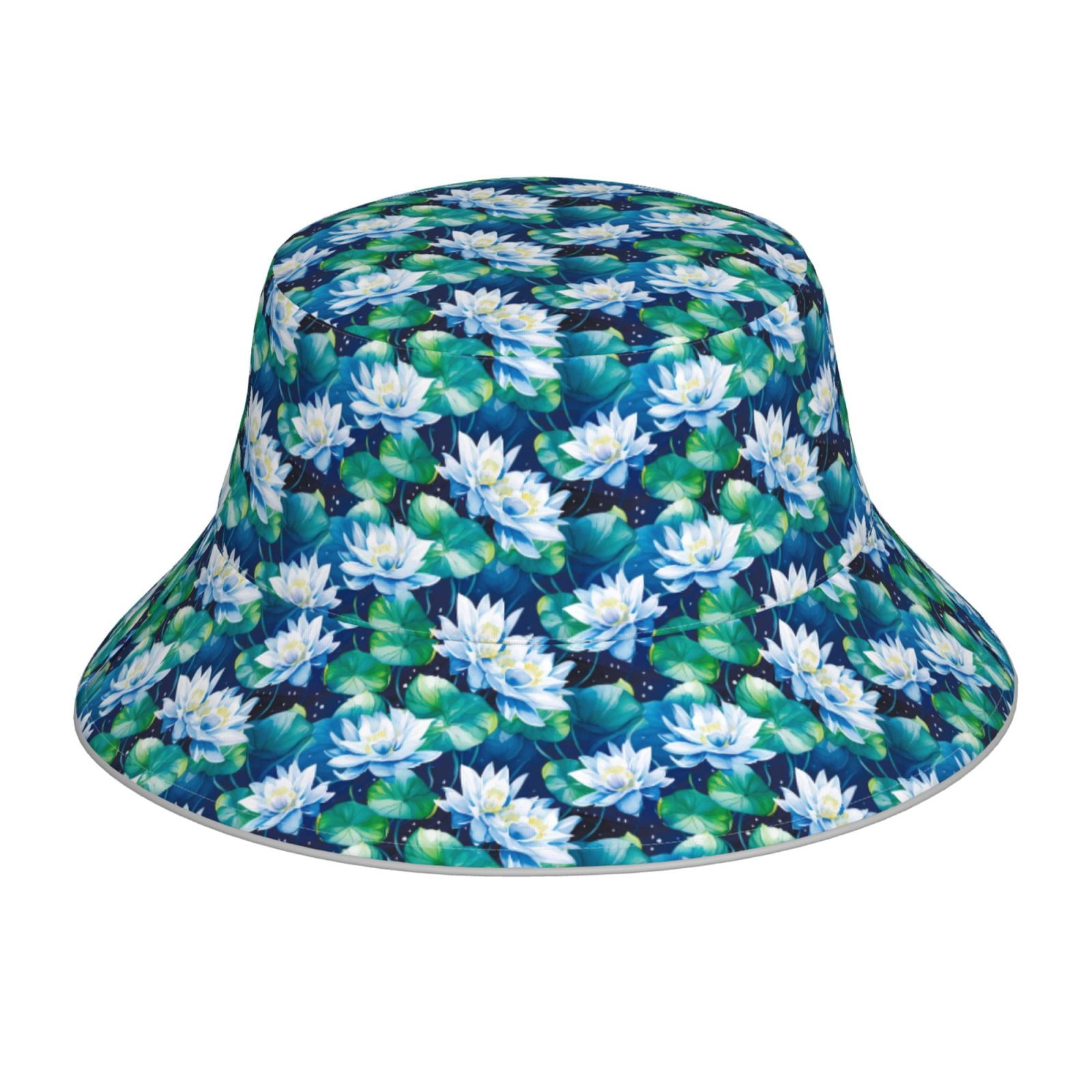 Salouo Blue Lotus Flower Print Unisex Bucket Hat, Outdoor Summer Beach ...