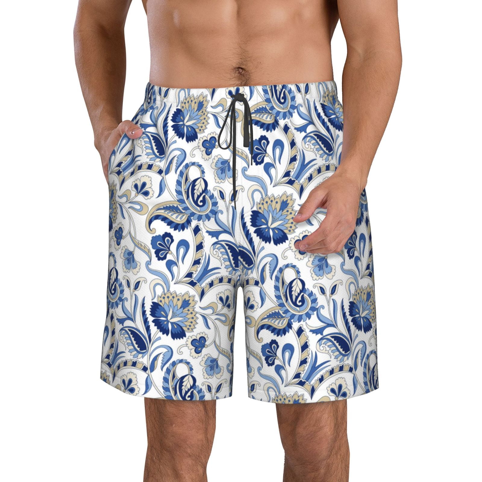 Salouo Blue Paisley Pattern Swim Trunks for Men,Men's Hawaiian Bathing ...