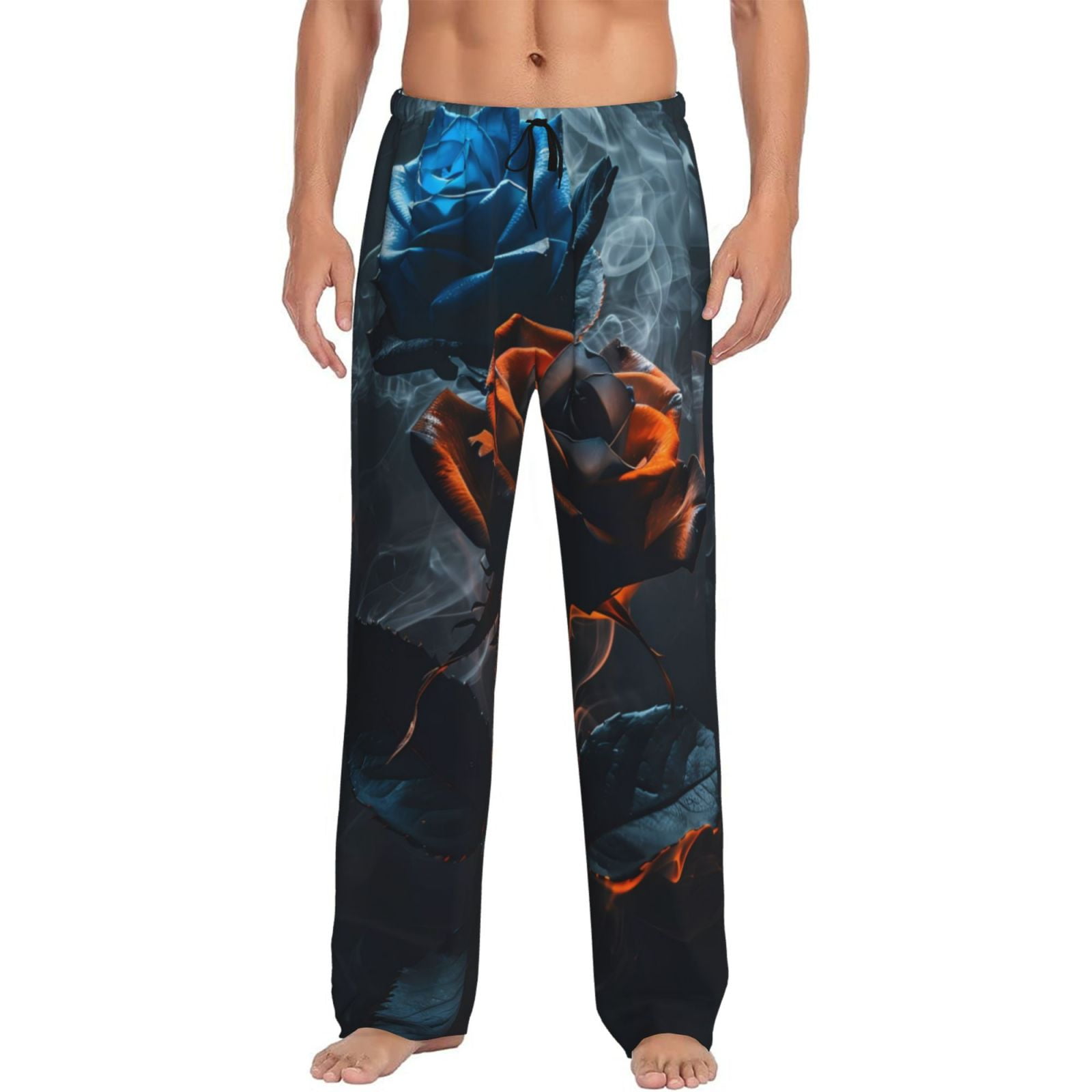 Salouo Blue and Red Roses Artwork Print Pajama Pants for Men, Lounge Pants Elastic Waistband ...