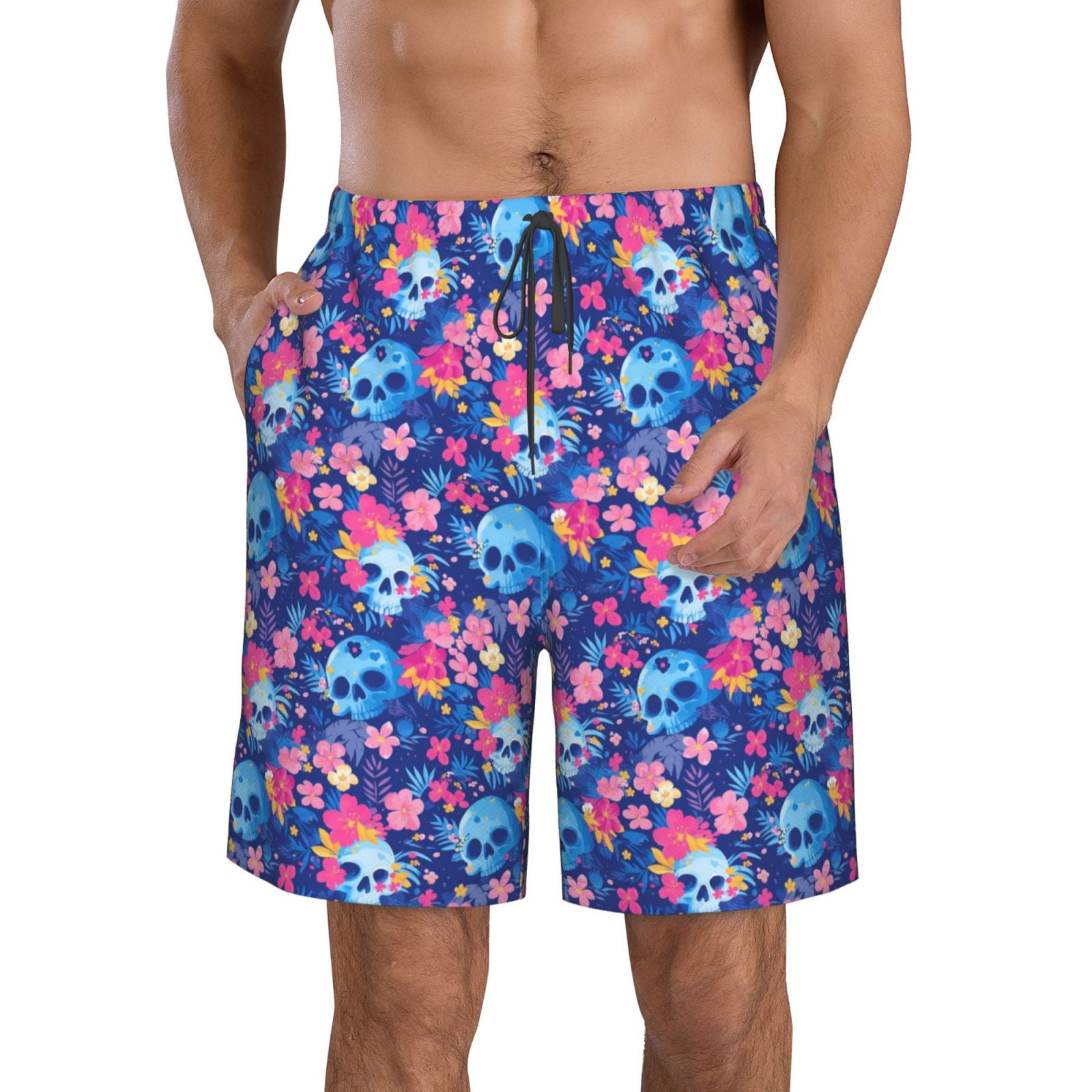 Salouo Blue Skull Flower Pattern Swim Trunks for Men,Men's Hawaiian ...