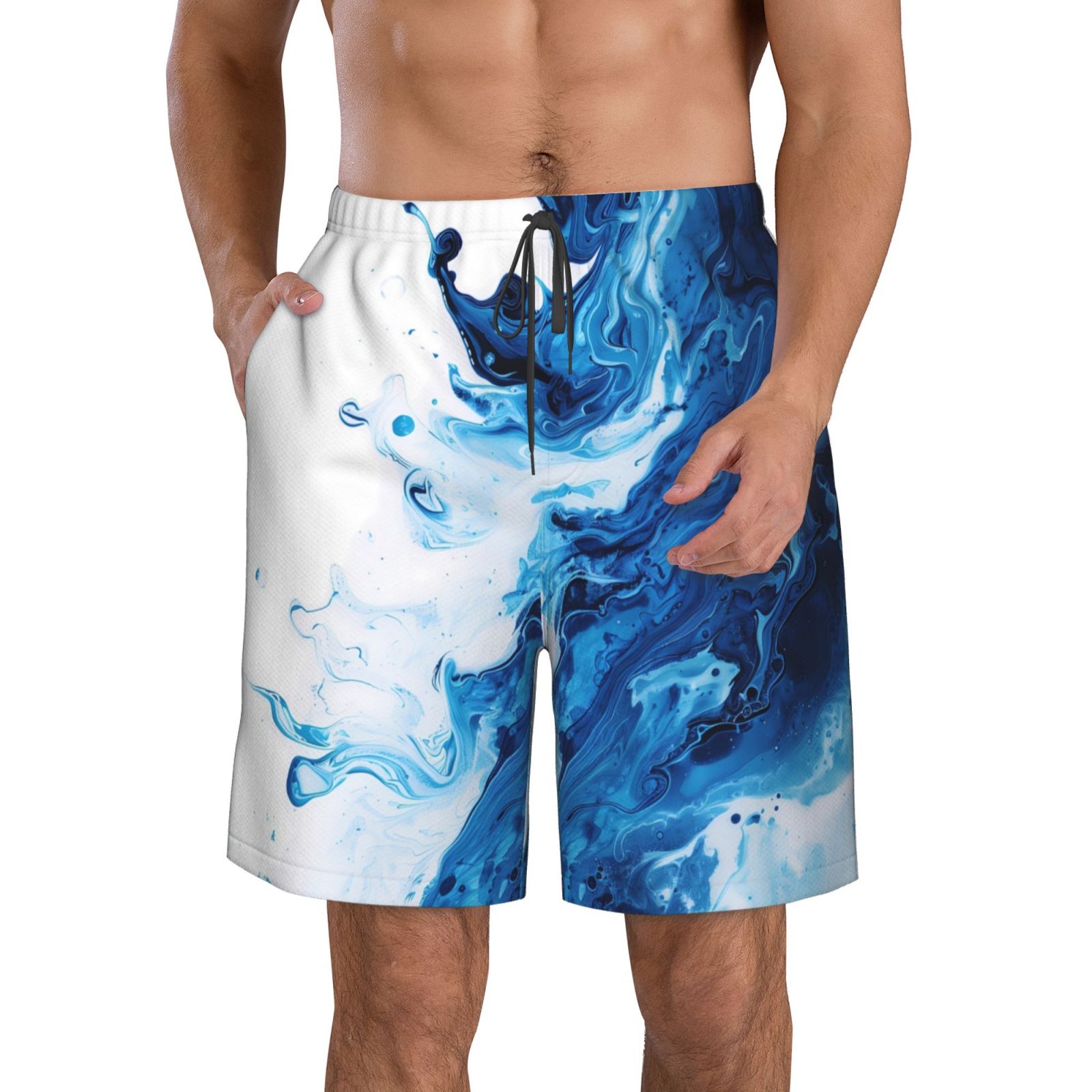 Salouo Blue White Fluid Art Pattern Swim Trunks for Men,Men's Hawaiian ...