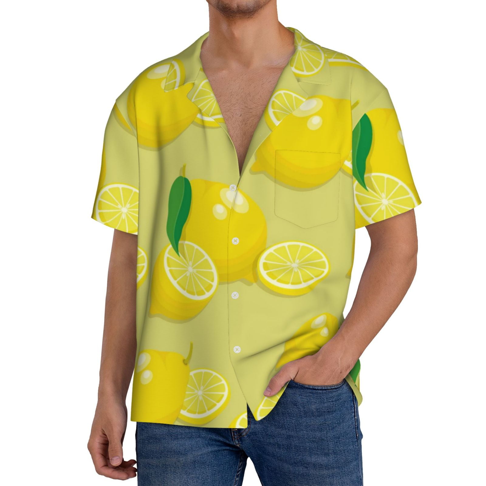 Salouo Bright Lemons Pattern Cuban Collar Shirts for Men Button-Down ...