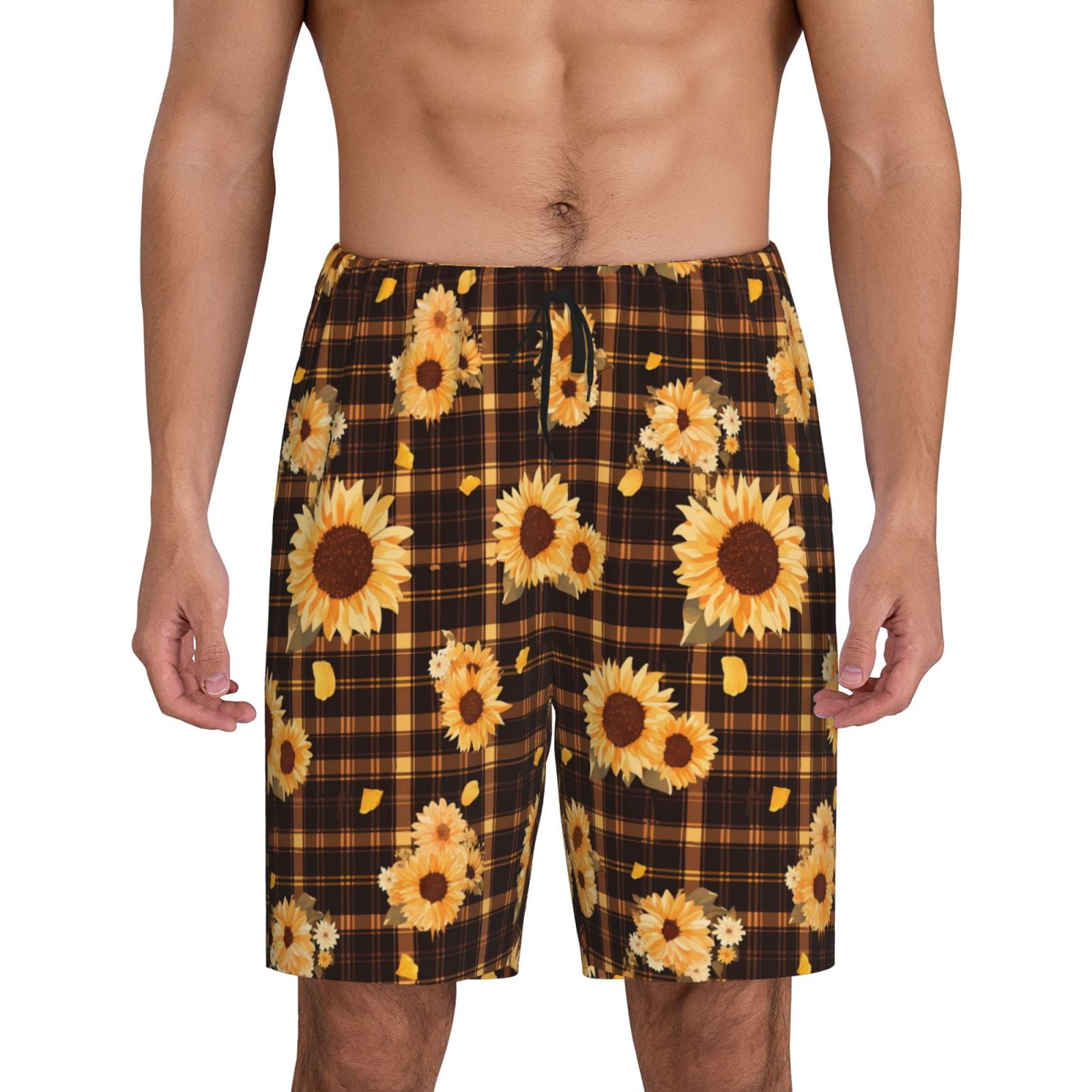 Salouo Brown Plaid Sunflower Pattern Men's Sleep Pajama Shorts,Pajama ...