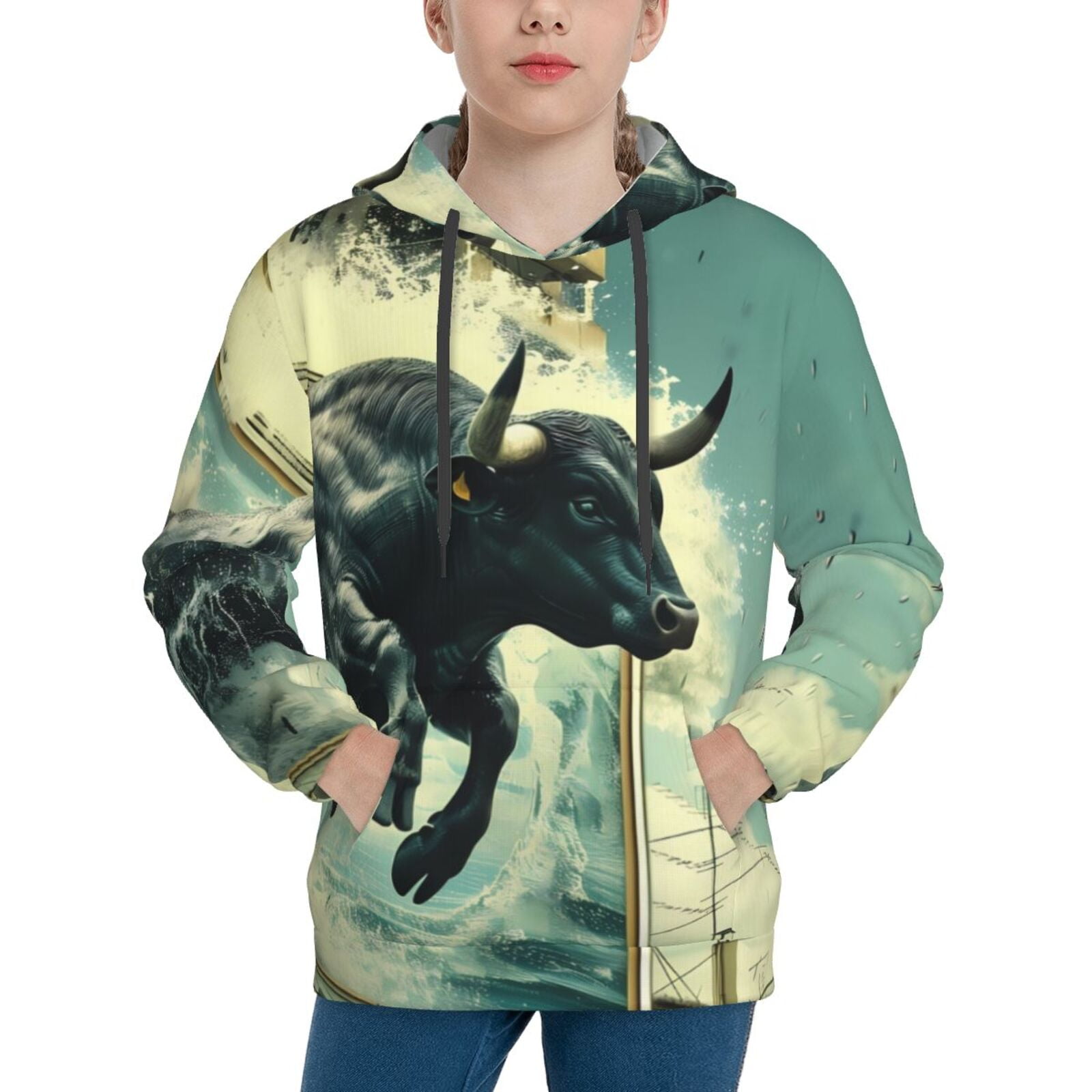 Salouo Bull Charging Through Waves Pattern Hoodie Sweatshirt for Youth ...