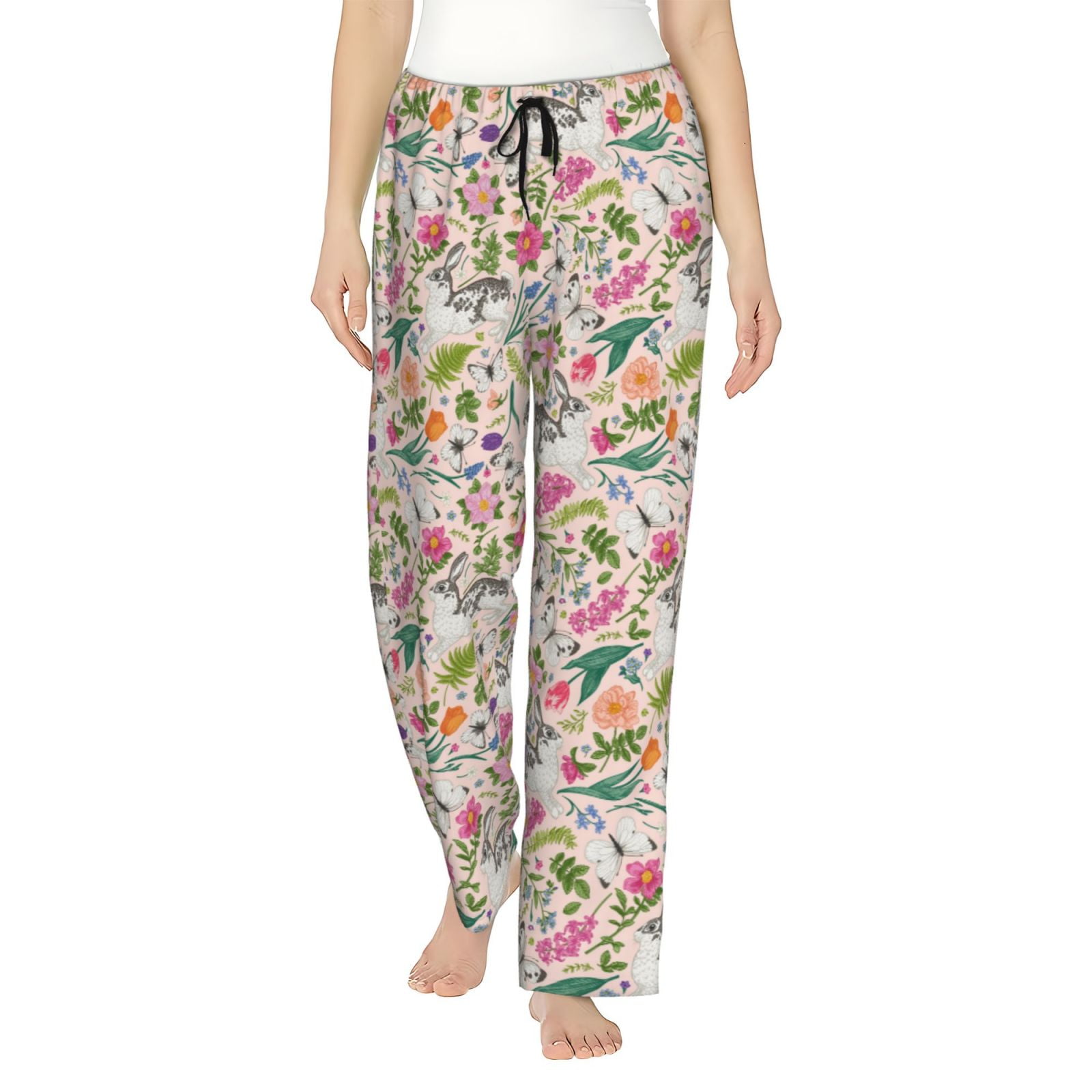 Salouo Bunny Floral Print Women's Pajama Pants Casual Loose Sweatpants ...