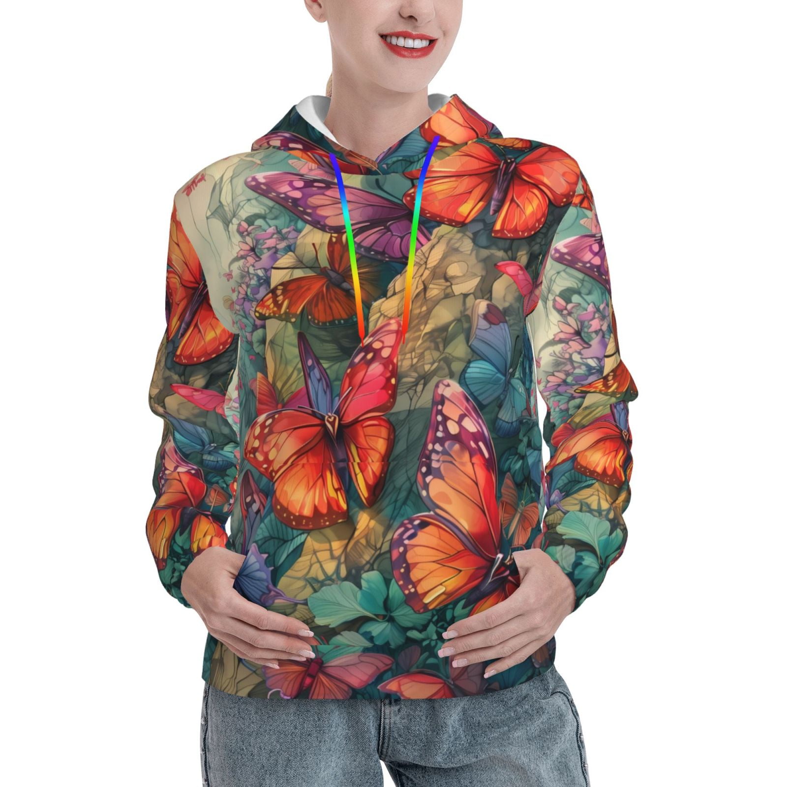 Salouo Butterflies On Rocky Cliff Pattern Hoodie Sweatshirts for Women ...