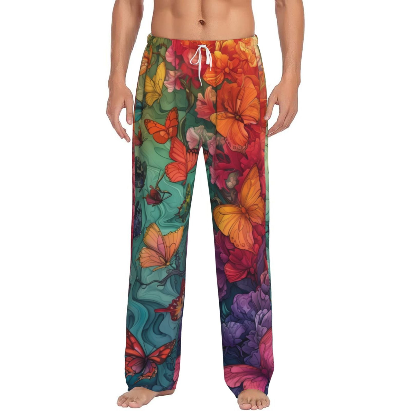 Salouo Butterfly Flower Cascade Print Pajama Pants for Men, Lounge ...