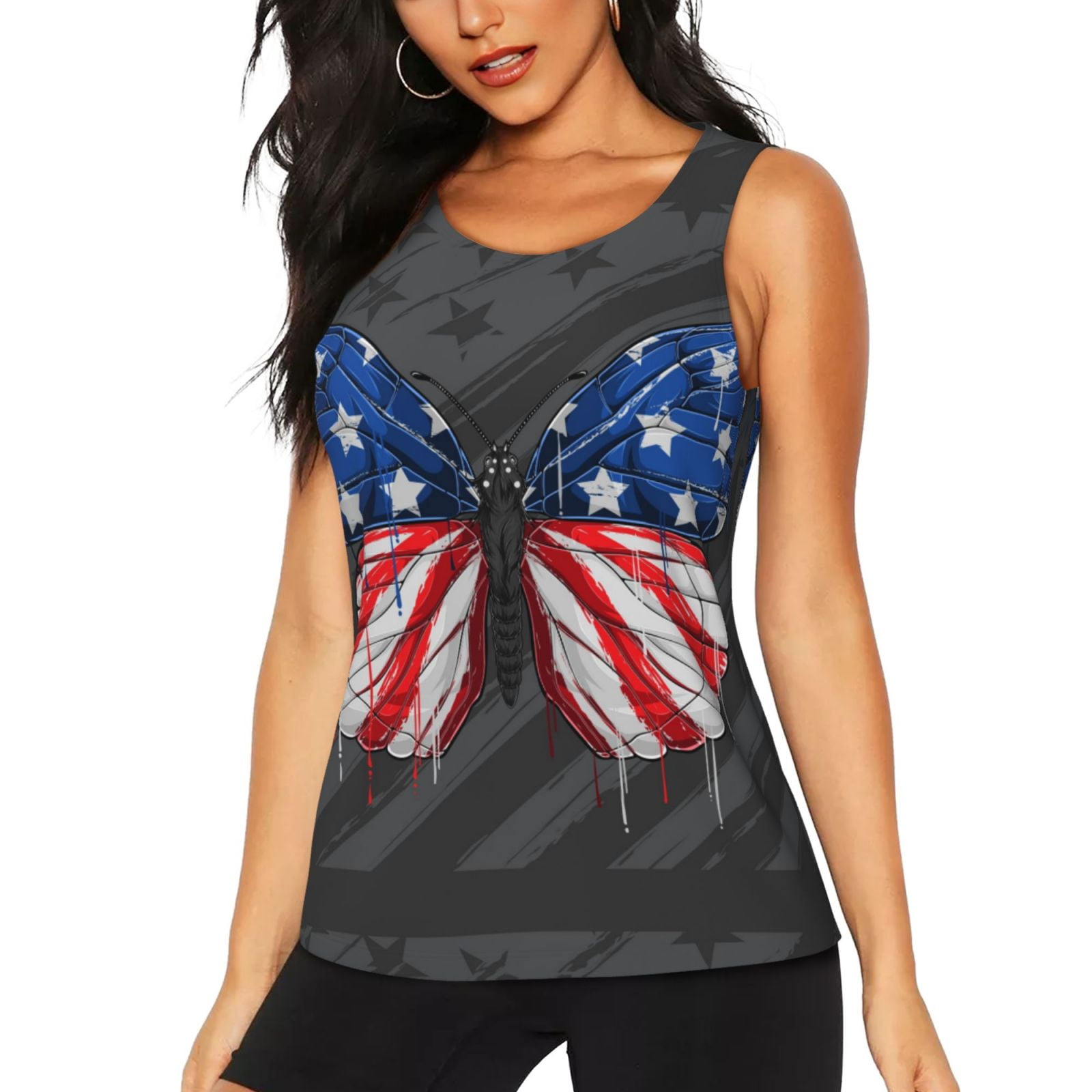 Salouo Butterfly With USA Flag Pattern Workout Tank Tops for Women,Gym ...