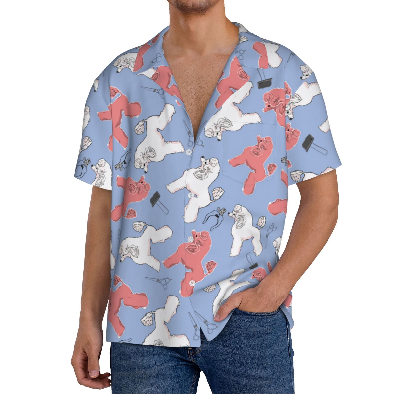 Salouo Cartoon Poodle Dog Pattern Cuban Collar Shirts for Men Button ...