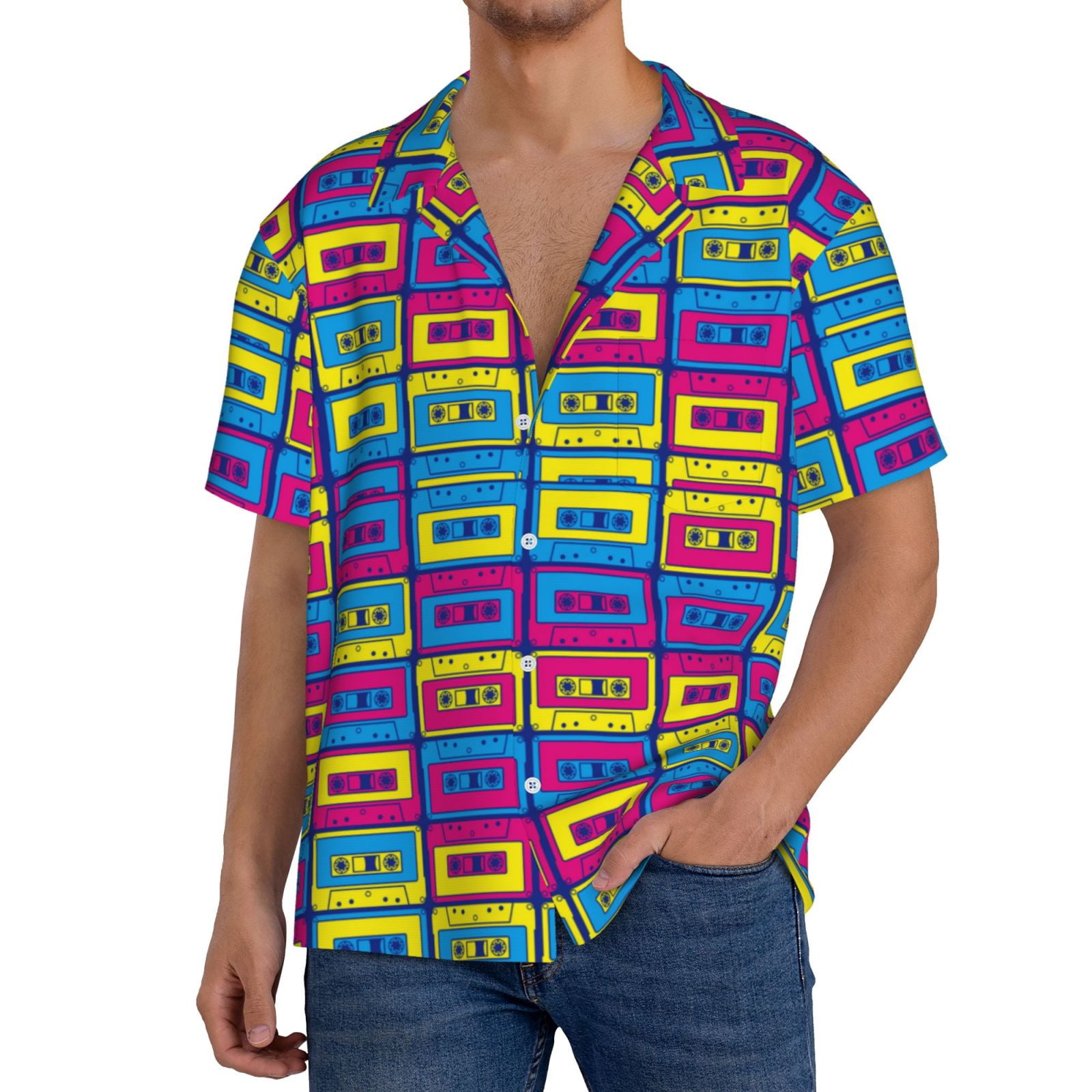 Salouo Cassette Tapes Pattern Cuban Collar Shirts for Men Button-Down ...