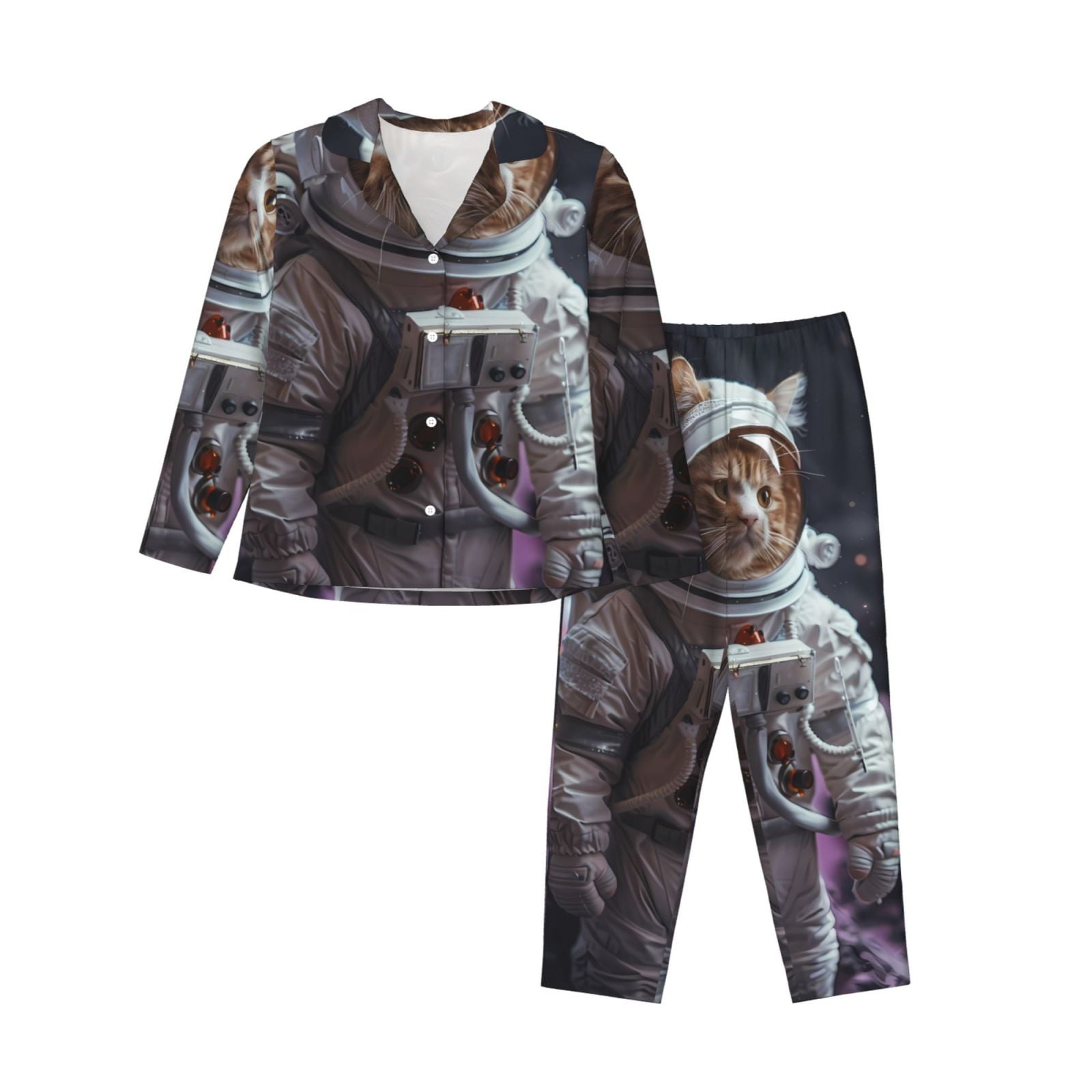 Salouo Cat Astronaut In Space Pattern Women's Pajamas Set Long Sleeve ...