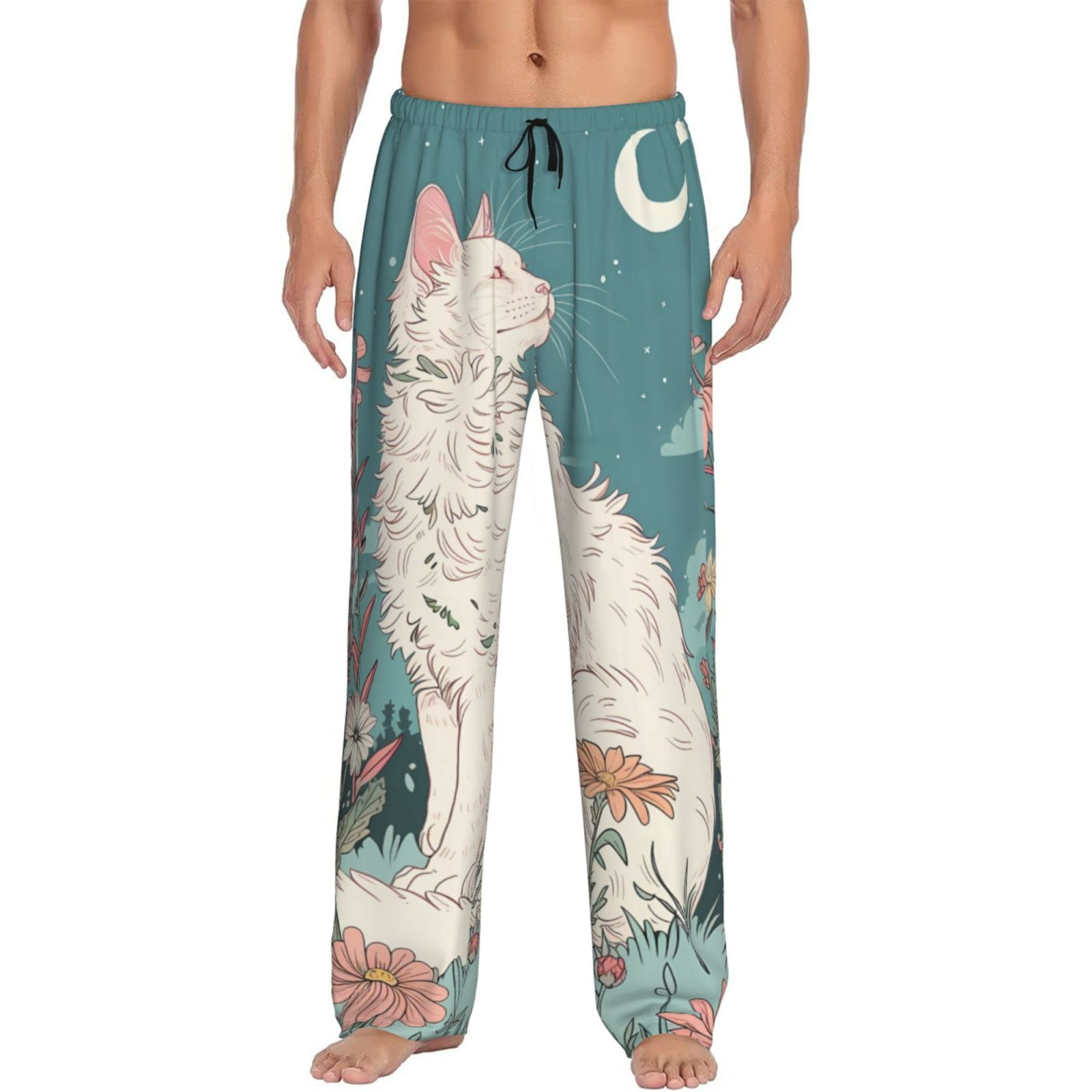 Salouo Celestial Cat And Flowers Print Pajama Pants for Men, Lounge ...