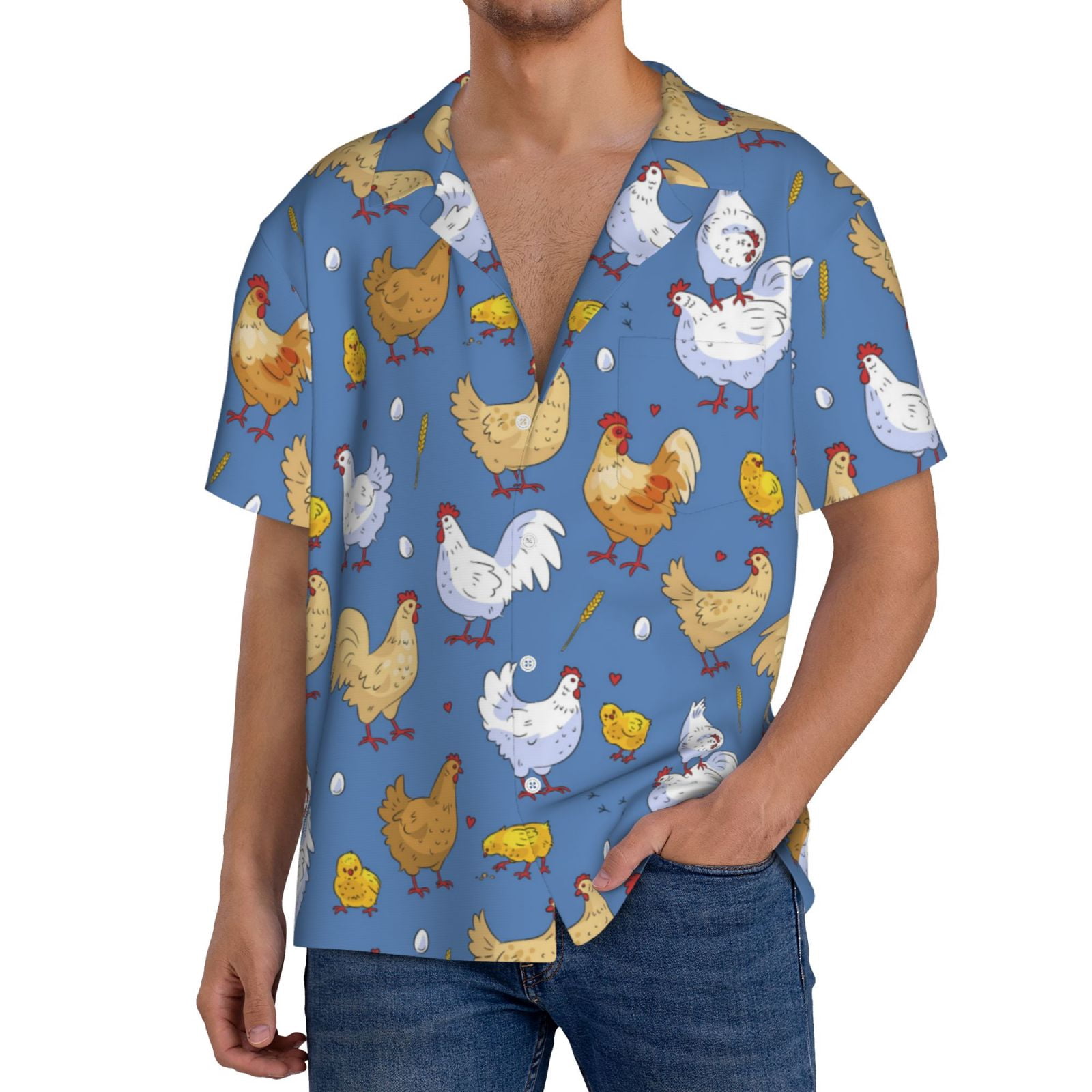 Salouo Chicken Family Pattern Cuban Collar Shirts for Men Button-Down ...