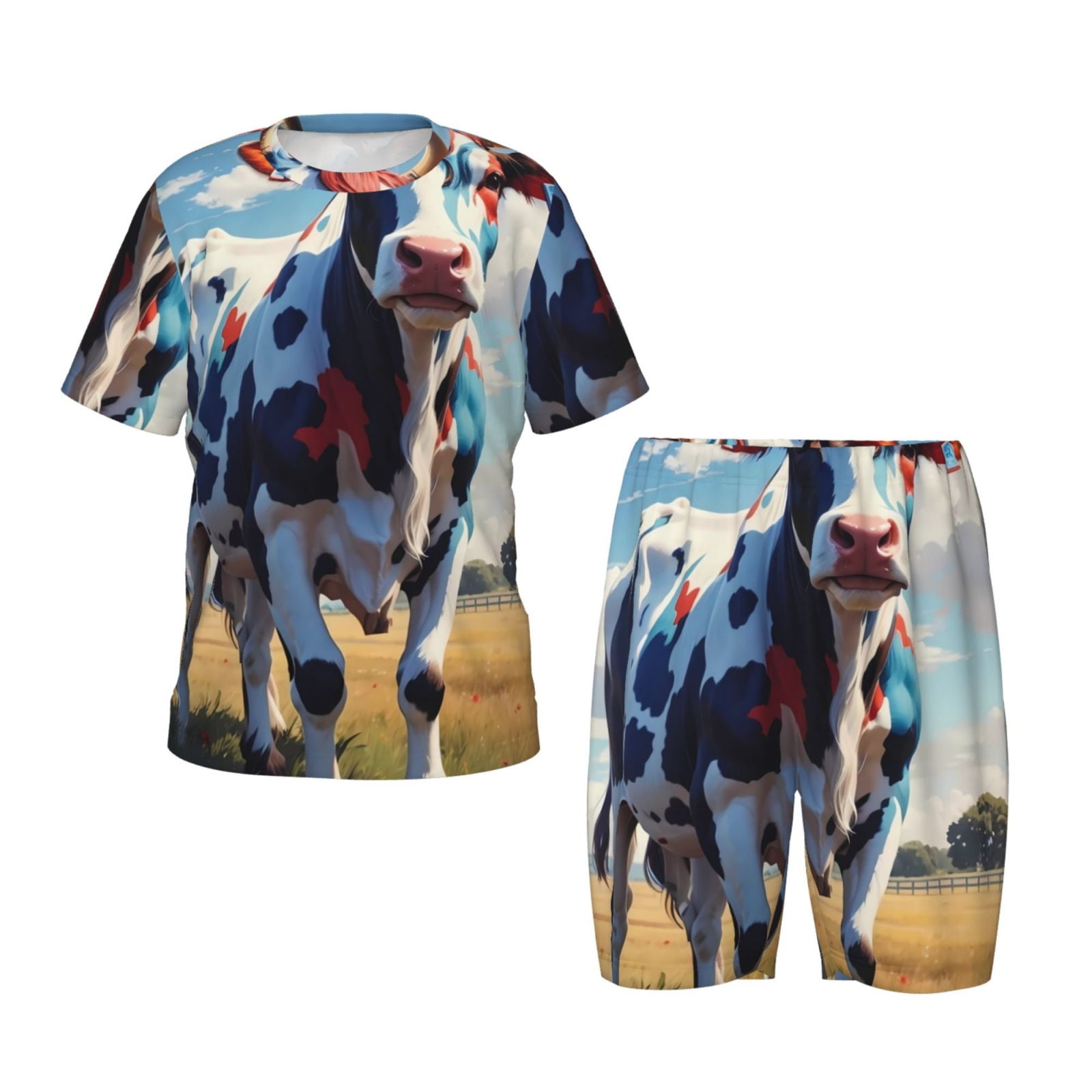 Salouo Colorful Cow Pasture Pattern Short-Sleeved Pajamas Set for ...