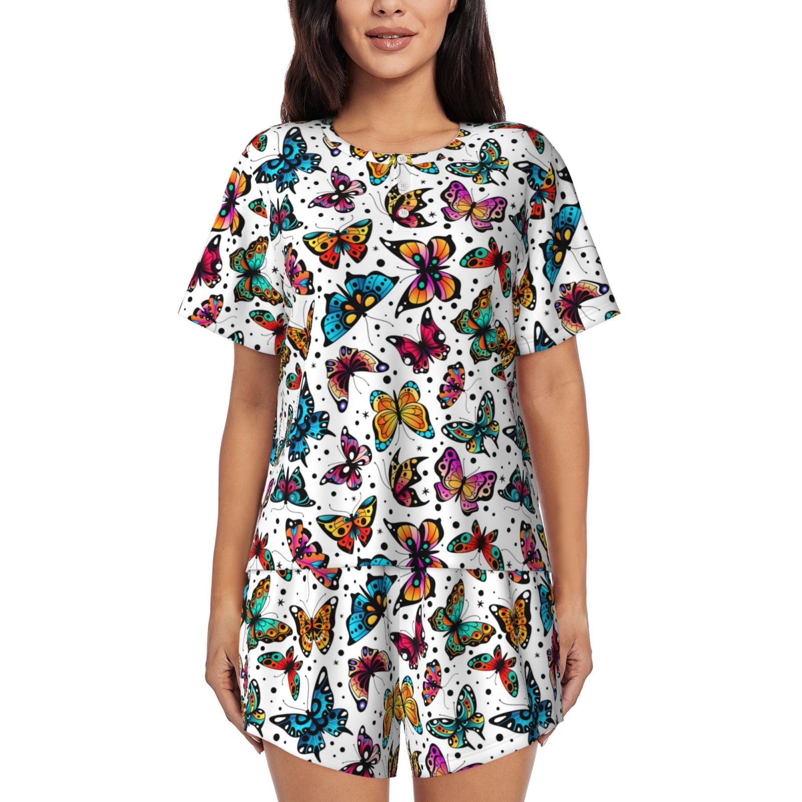 Salouo Colorful Flying Butterflies Pattern Short-Sleeved Pajama Set for ...