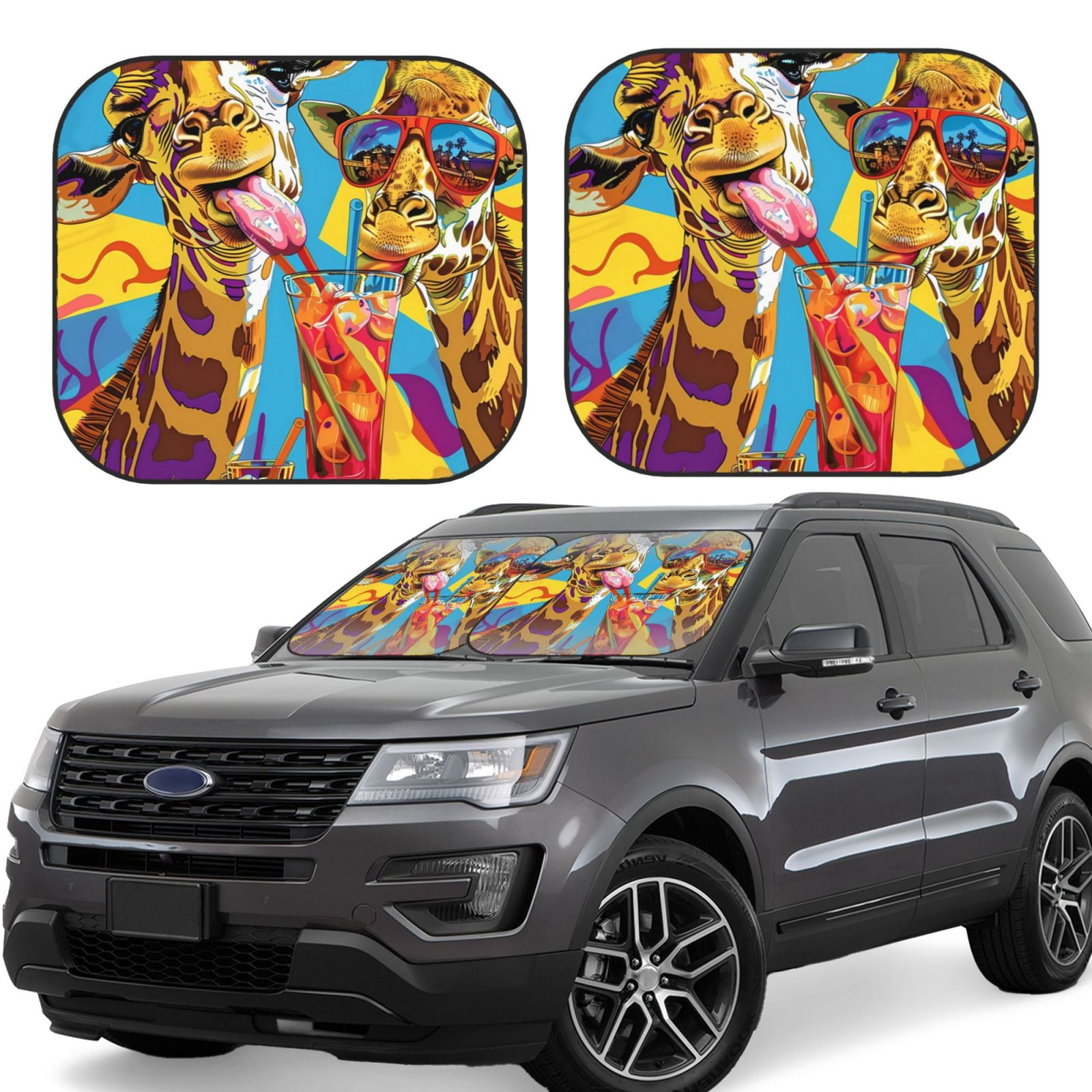 Salouo Colorful Giraffes with Drinks Pattern Car Windshield Sun Shade ...