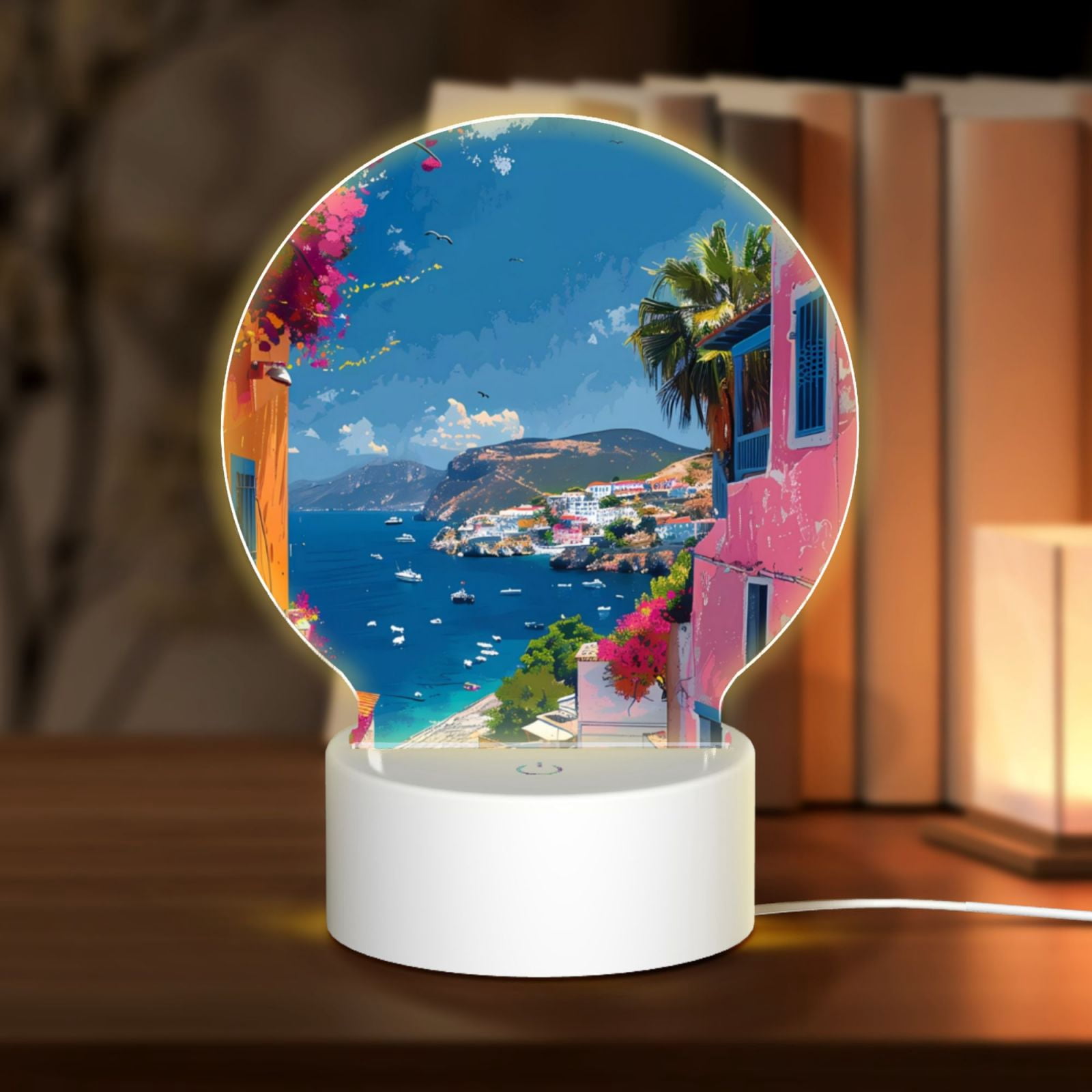 Salouo Colorful Mediterranean Village for Round Acrylic Night Light ...