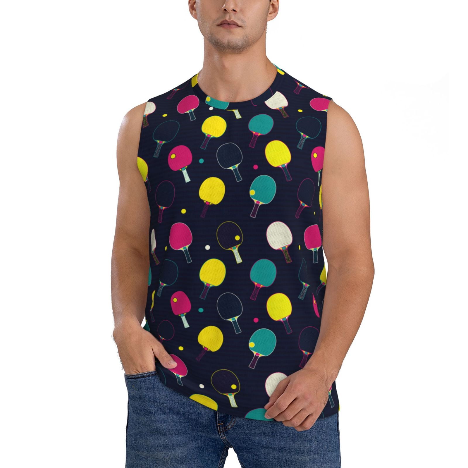 Salouo Colorful Ping Pong Rackets Pattern Men's Sleeveless T Shirts,Men ...