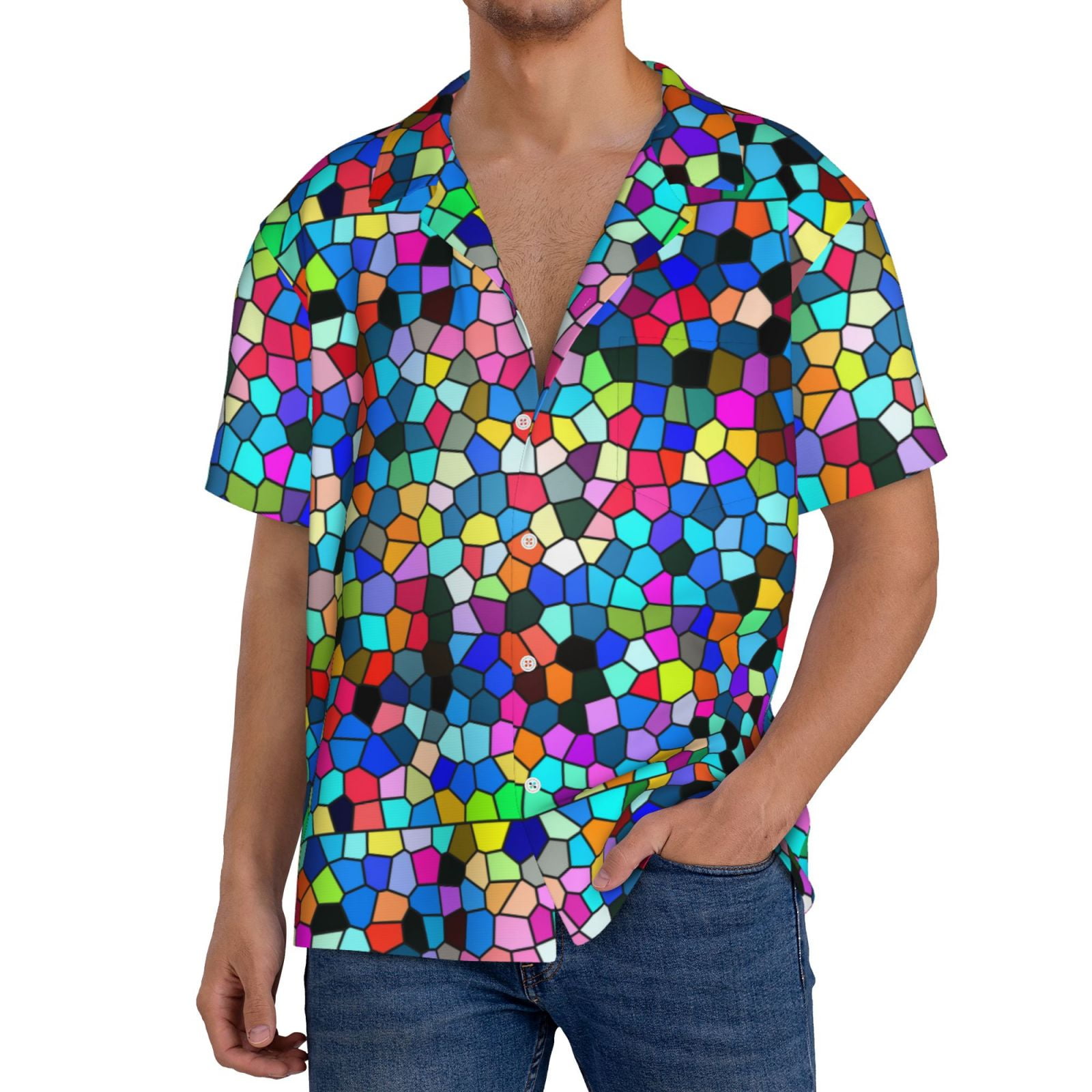 Salouo Colorful Tie Dye Stained Glass 2 Pattern Cuban Collar Shirts for ...