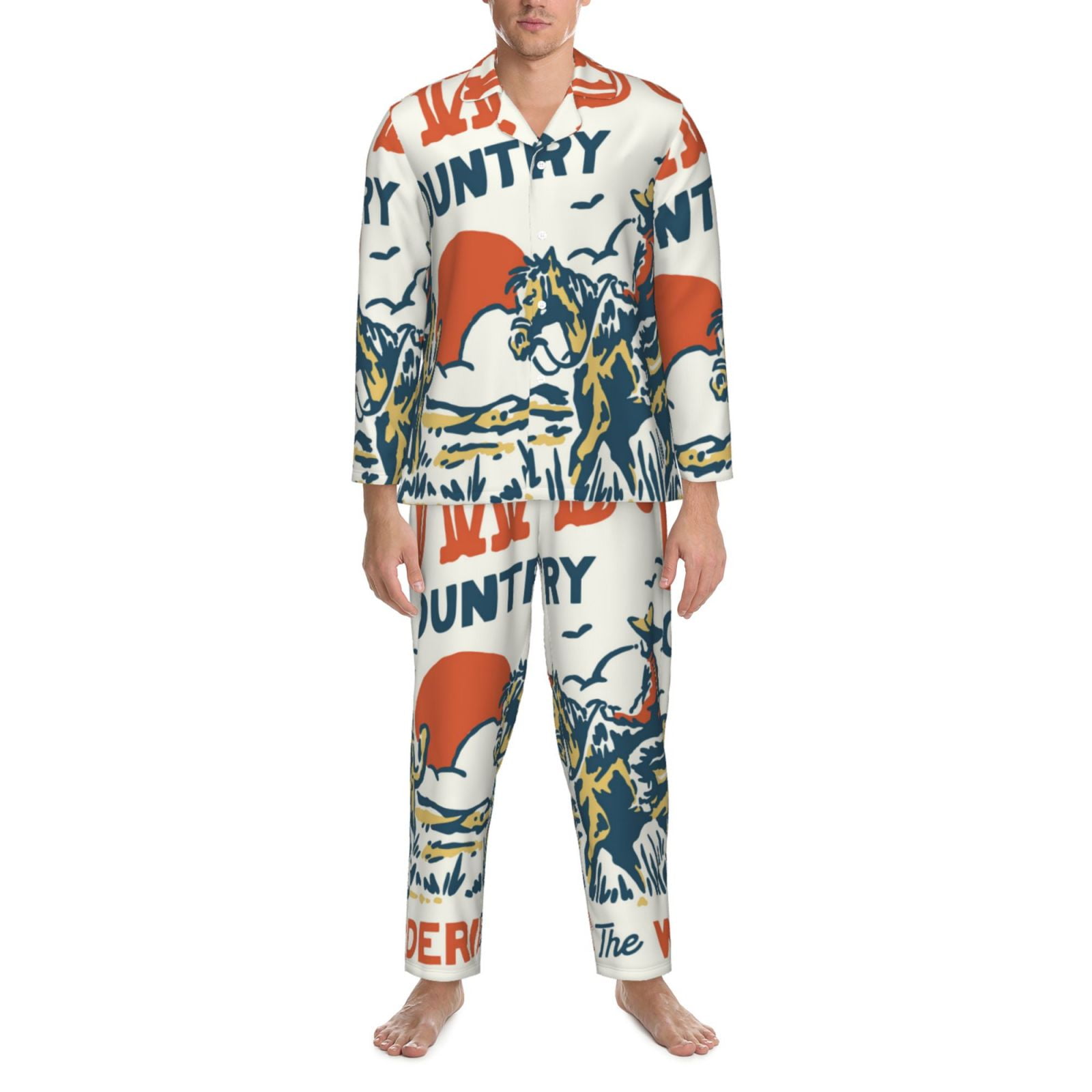 Salouo Cowboy Rising Horse Print Button-Front Long Sleeve Pajama Set ...