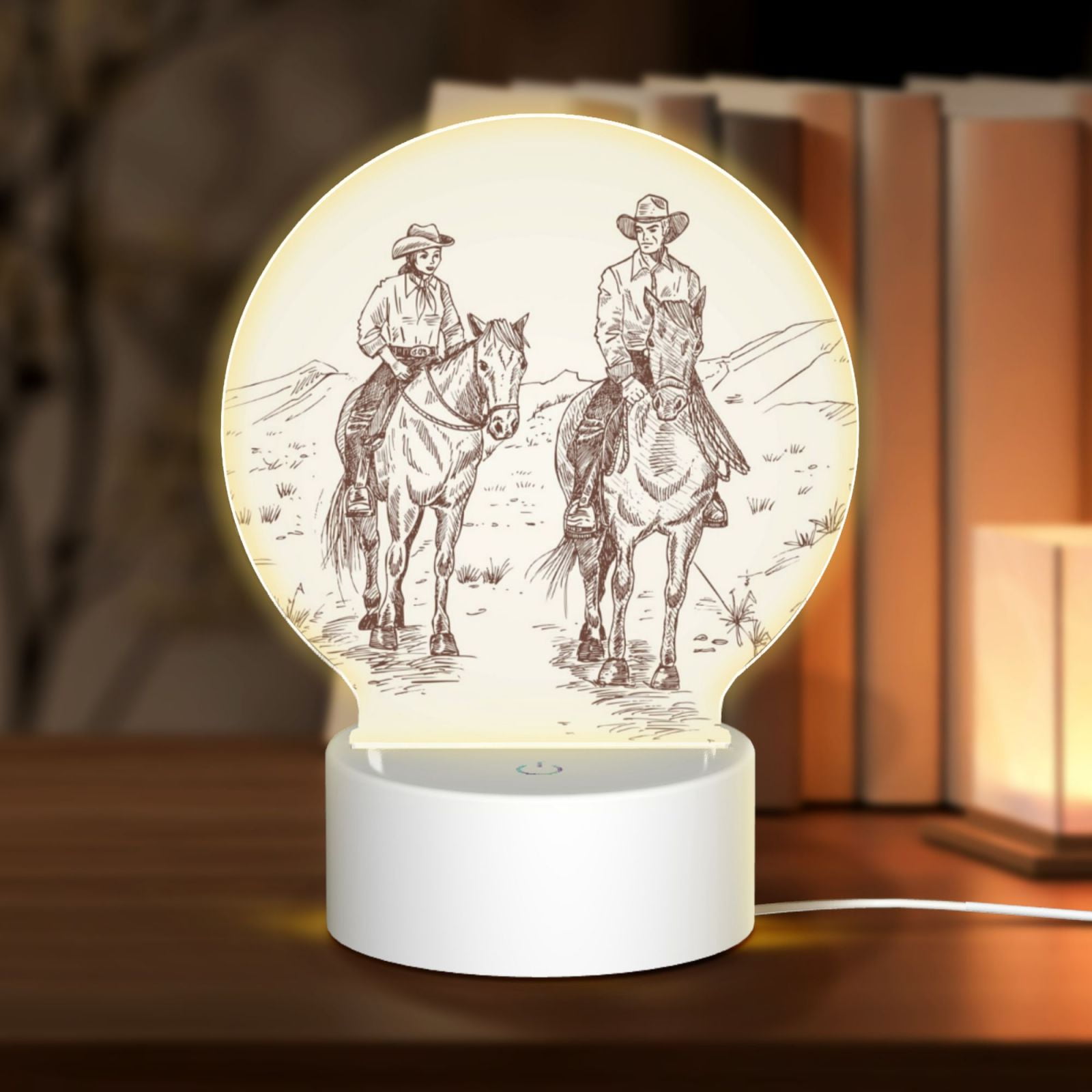 Salouo Cowboys Riding Horses In Desert for Round Acrylic Night Light ...