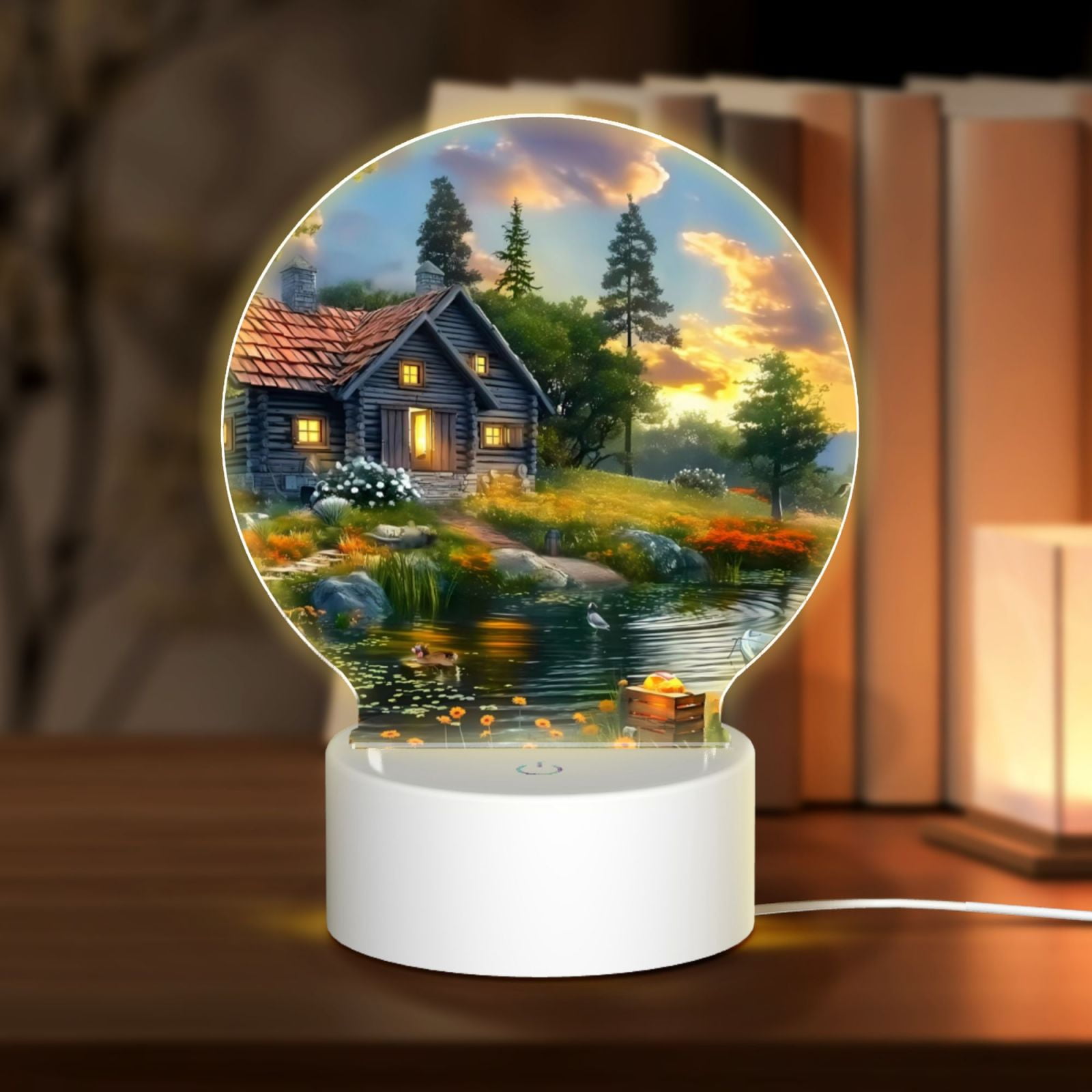 Salouo Cozy Cottage Lakeside Sunset for Round Acrylic Night Light ...