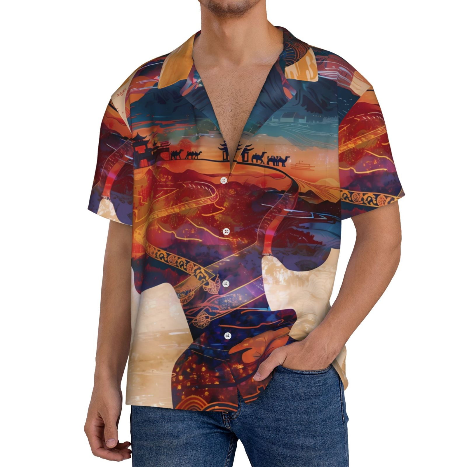 Salouo Cultural Silhouette Journey Pattern Cuban Collar Shirts for Men ...