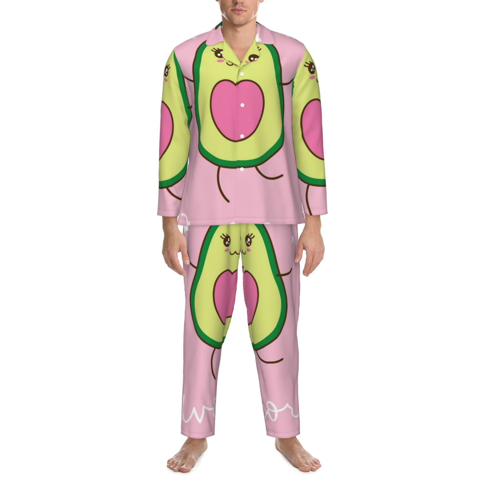 Salouo Cute Avocado Print Button-Front Long Sleeve Pajama Set for Men ...