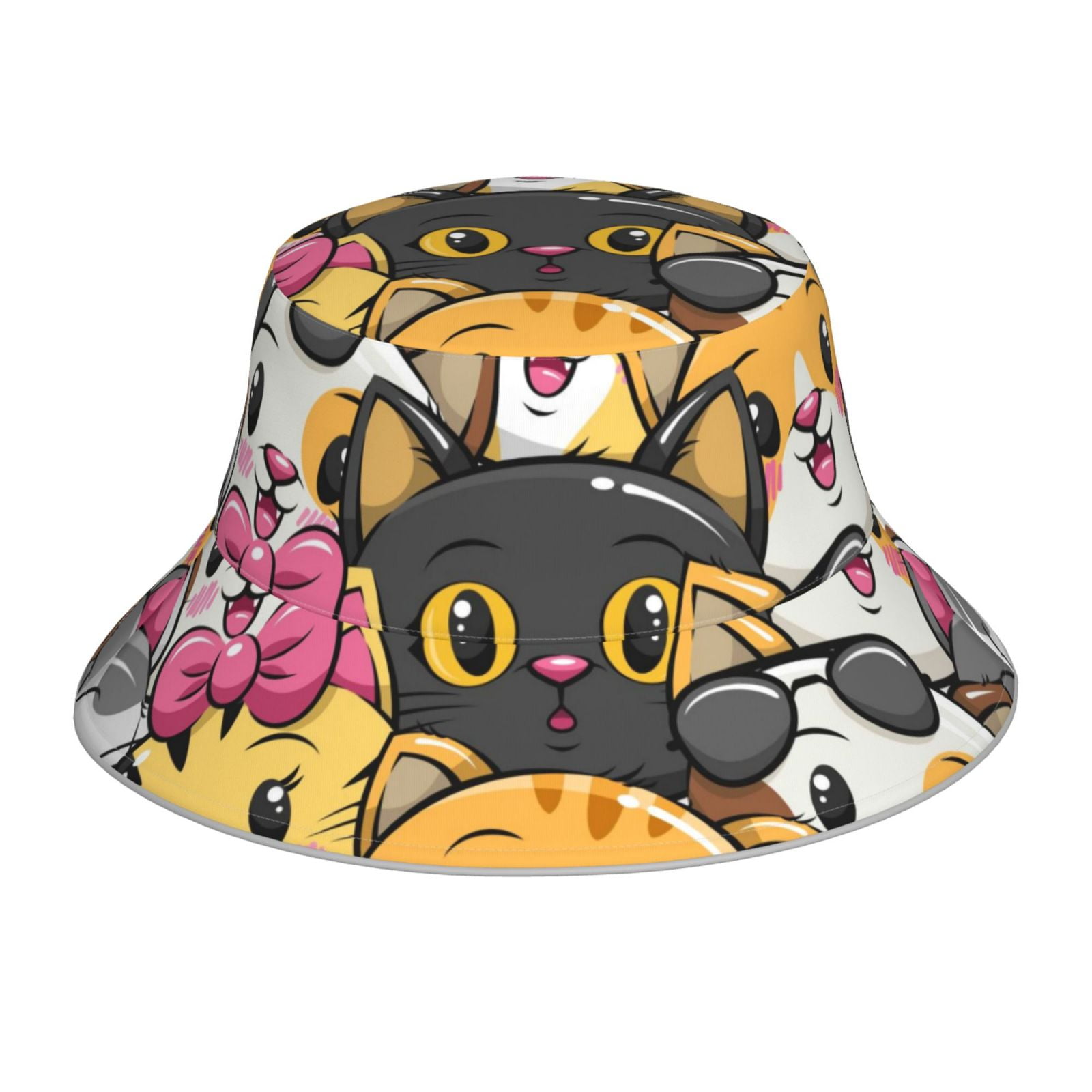 Salouo Cute Cat Cartoon Print Unisex Bucket Hat, Outdoor Summer Beach ...