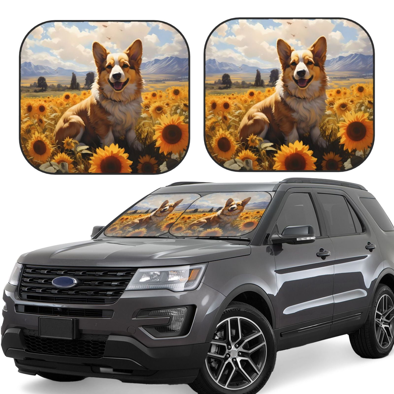 Salouo Cute Corgi Sunflower Pattern Car Windshield Sun Shade Foldable ...