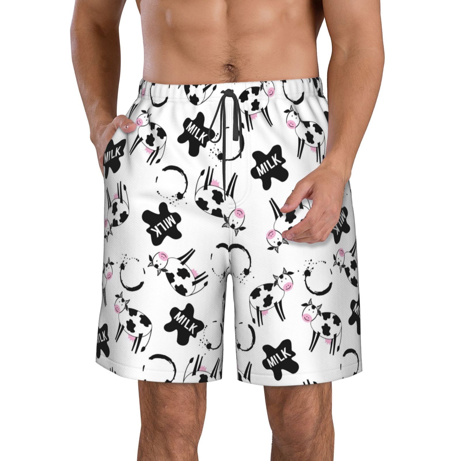 Salouo Cute Cow and Milk Stains Pattern Swim Trunks for Men,Men's ...