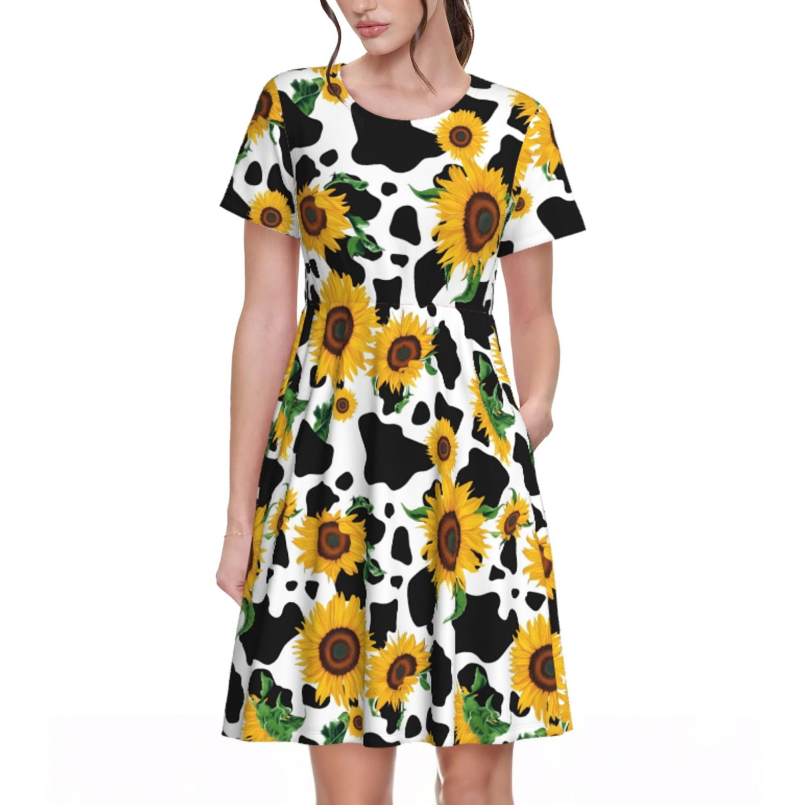 Salouo Cute Cow Print Sunflower D for Women's Short Sleeve Summer Dress, Pleated Loose Swing ...