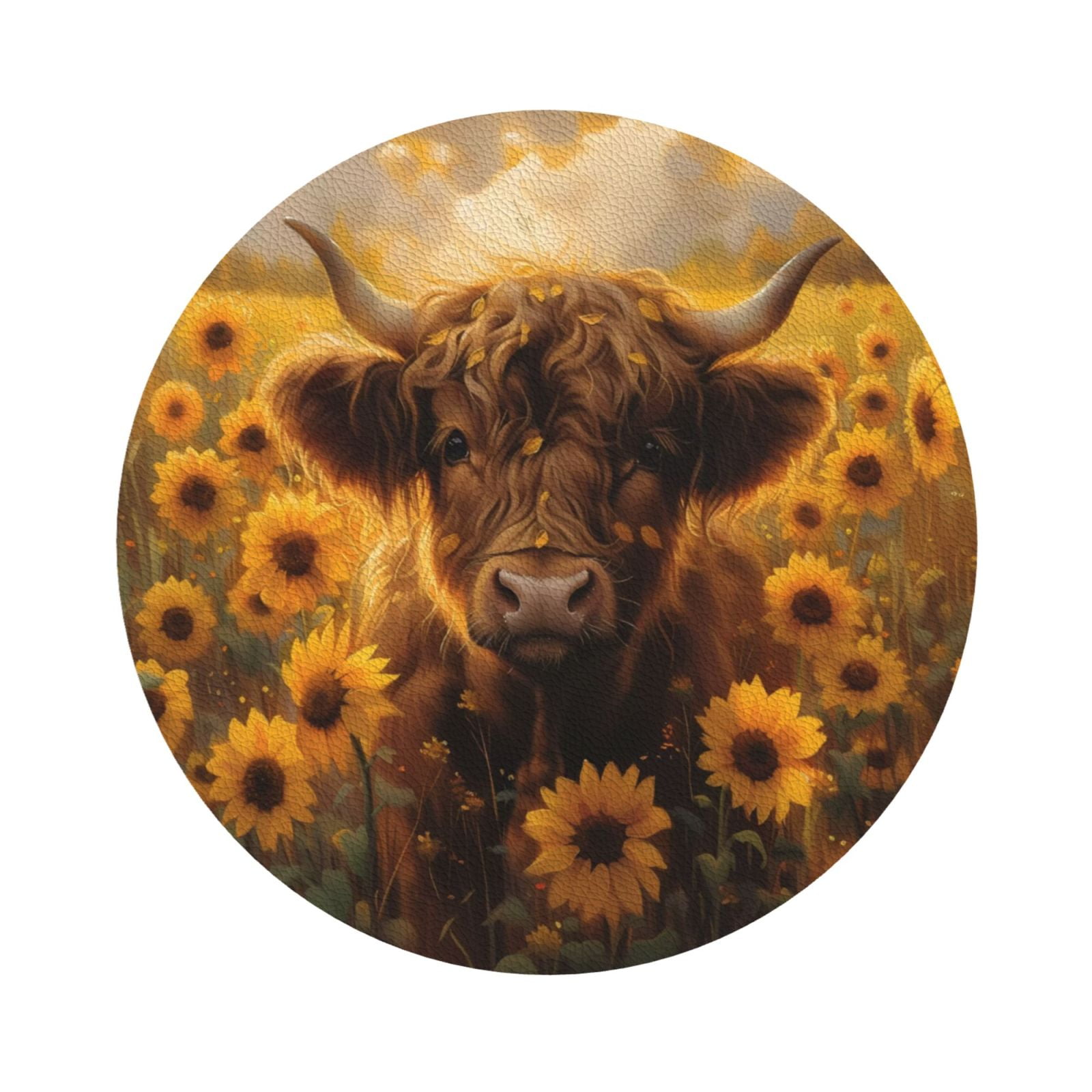 Salouo Cute Cow Sunflower Field Print Round Coaster,Drink Coasters ...