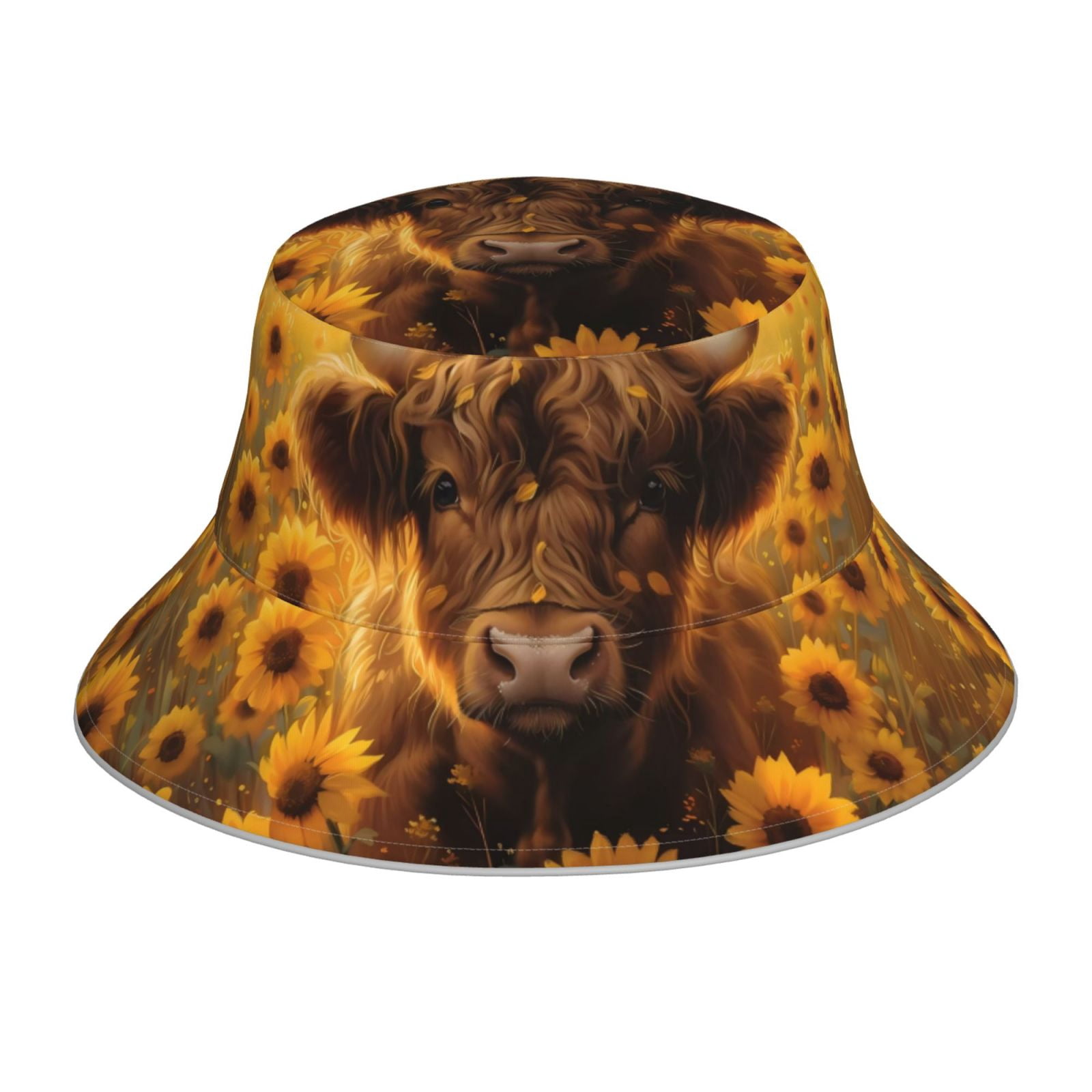 Salouo Cute Cow Sunflower Field Print Unisex Bucket Hat, Outdoor Summer ...