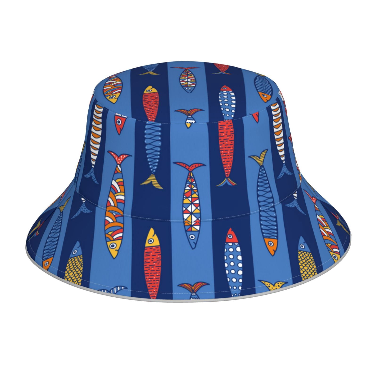 Salouo Cute Fish Print Unisex Bucket Hat, Outdoor Summer Beach Fishing ...
