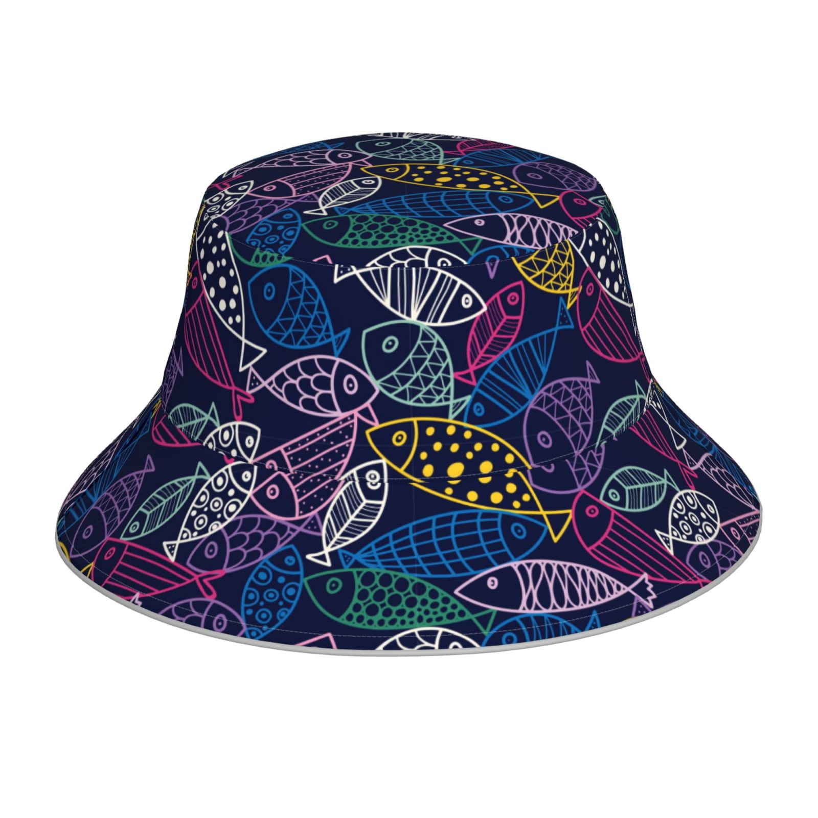 Salouo Cute Line Fish Print Unisex Bucket Hat, Outdoor Summer Beach ...