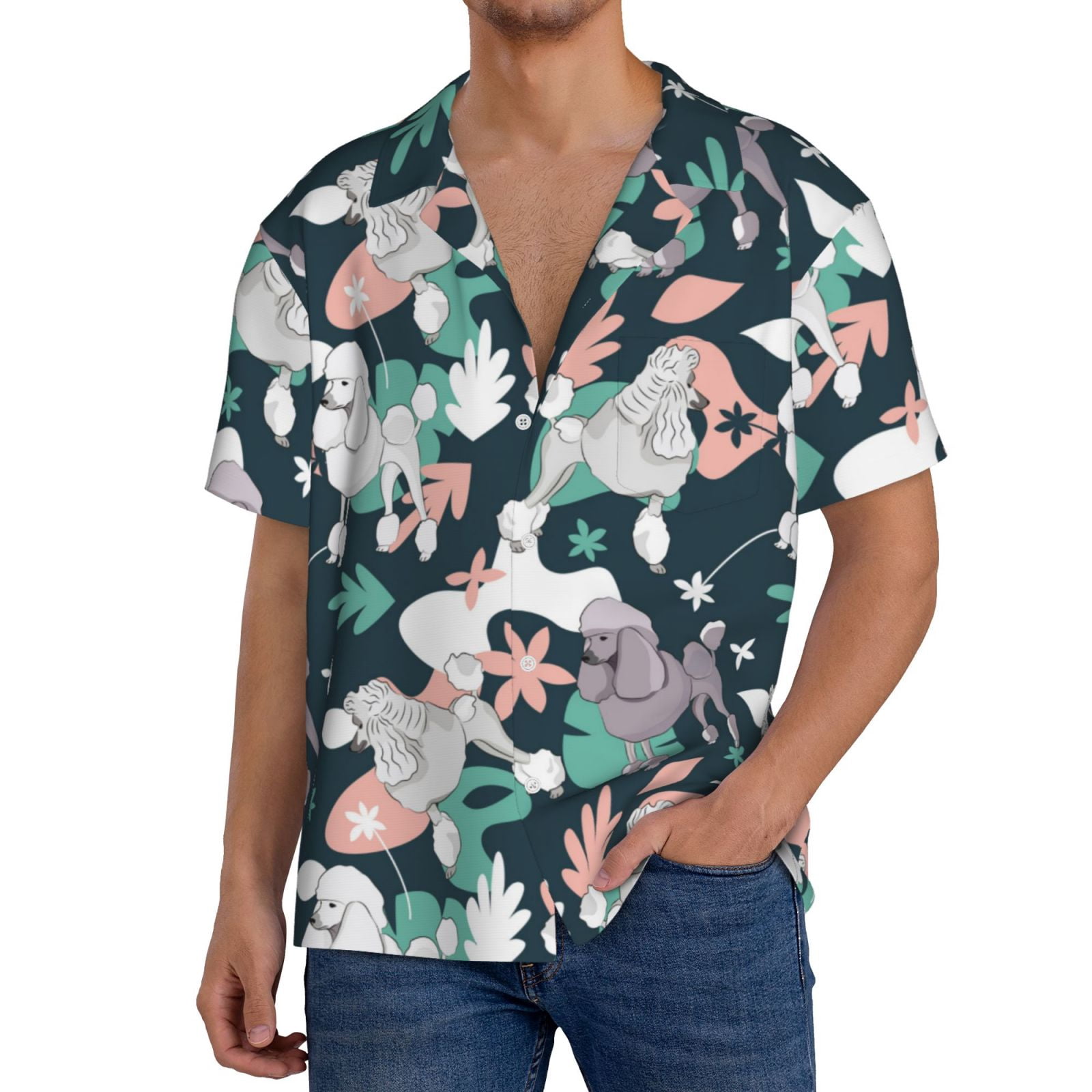 Salouo Cute Poodle Dog Pattern Cuban Collar Shirts for Men Button-Down ...